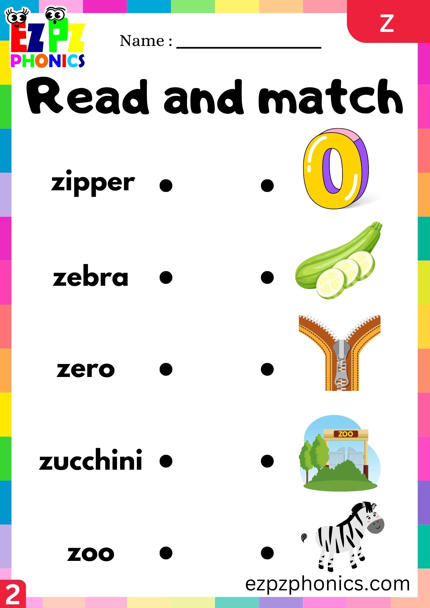 Letter z Read and Match the Words with the Images Group 2 - ezpzphonics.com