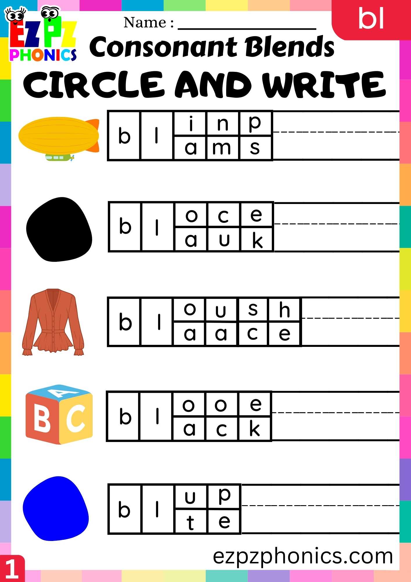 Group1 BL Words Circle And Write Phonics Consonant Blends Worksheet ...
