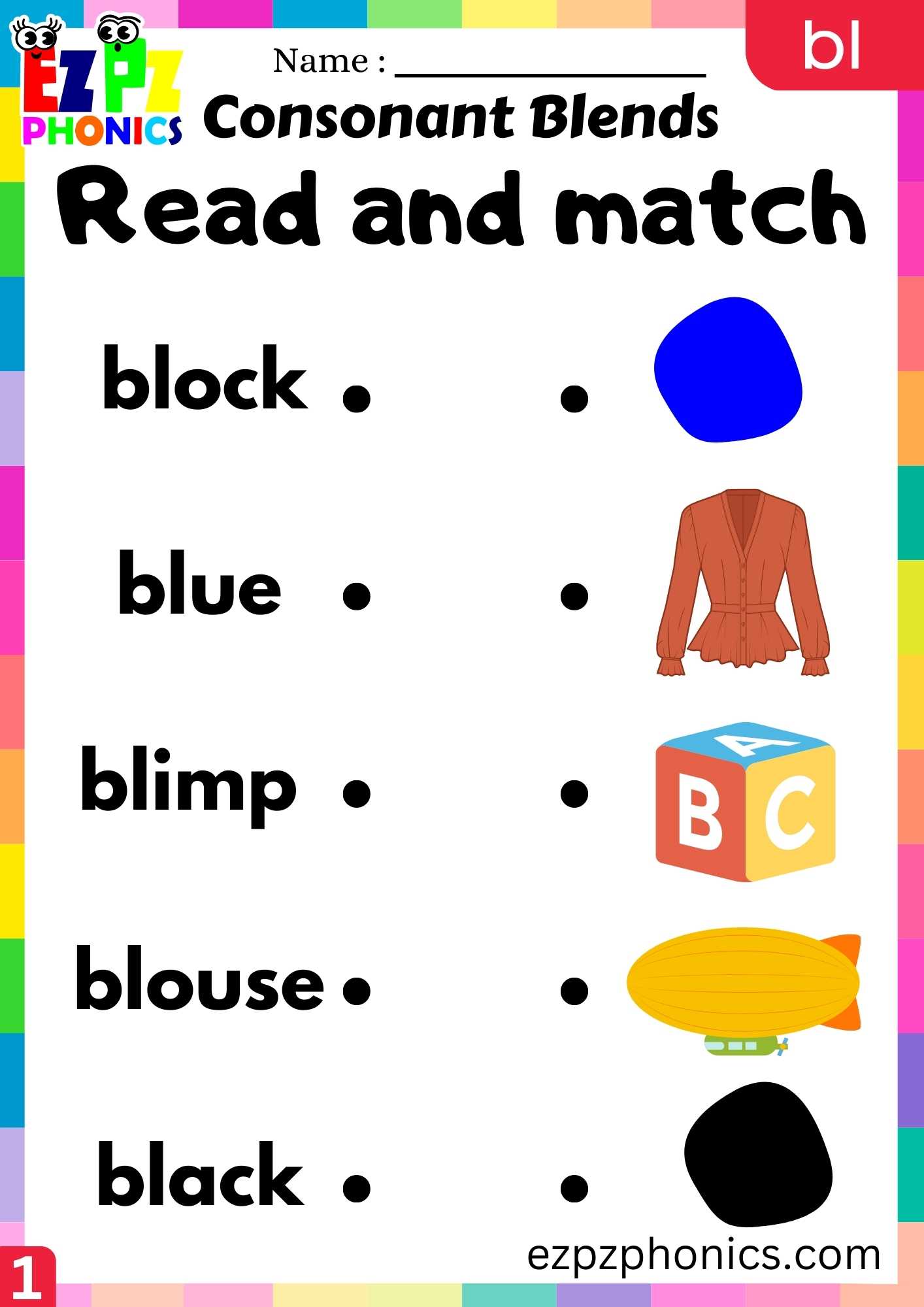 Group1 BL Words Read And Match Phonics Consonant Blends Worksheet ...