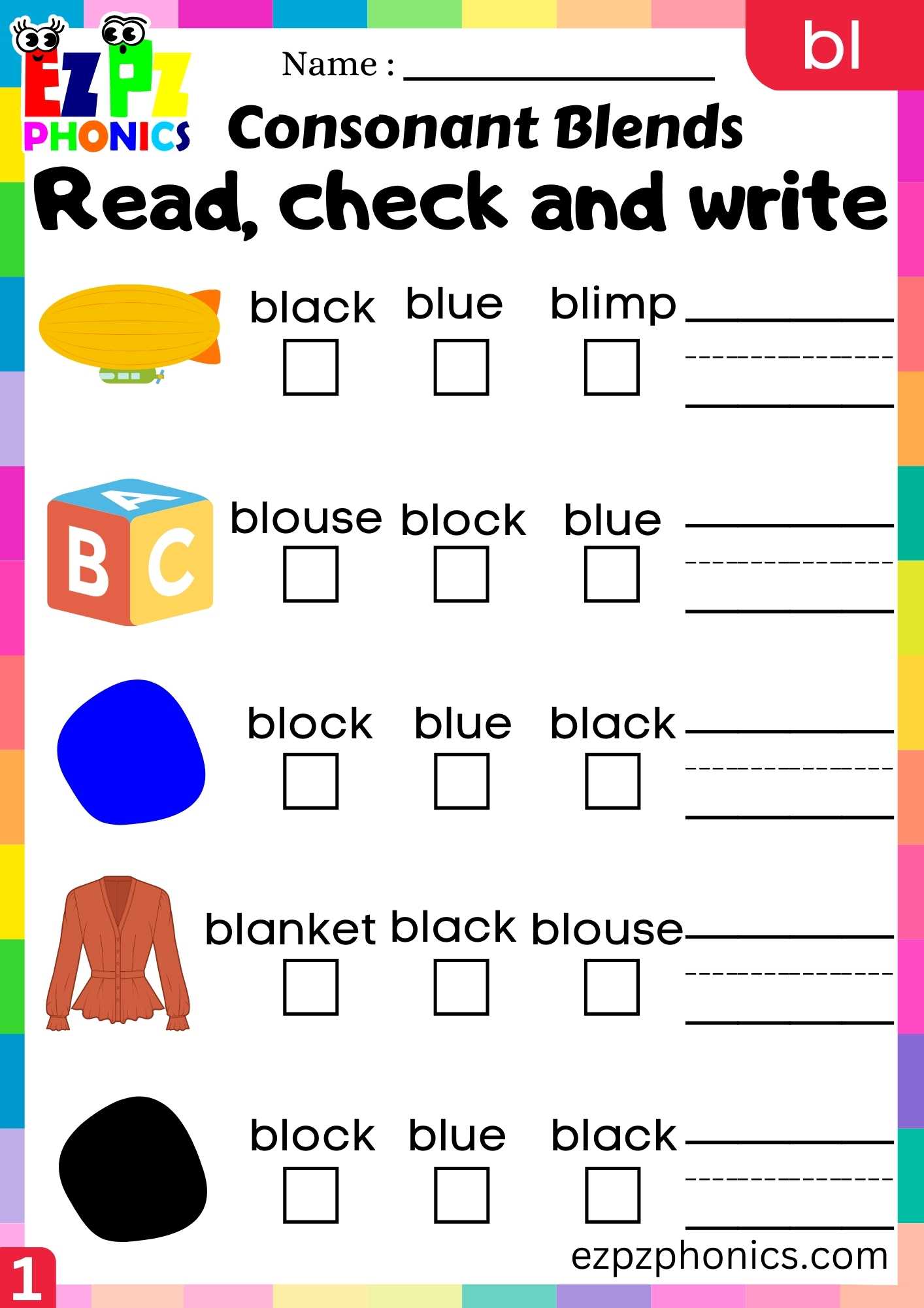 Group1 BL Words Read, Check And Write Phonics Consonant Blends ...