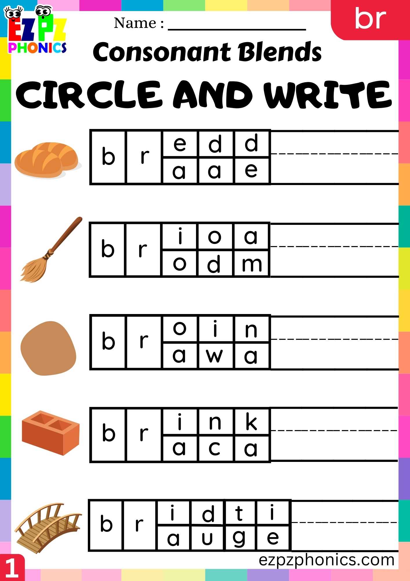 Group1 BR Words Circle And Write Phonics Consonant Blends Worksheet ...