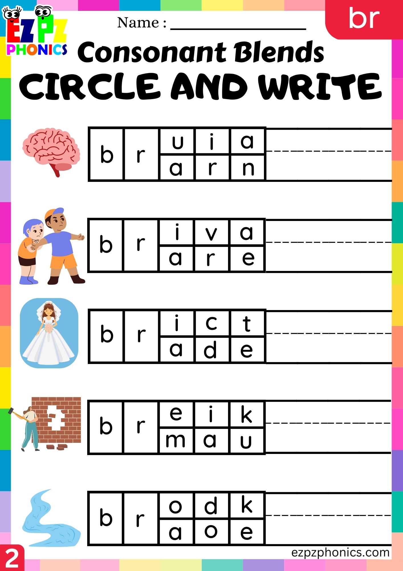 Group2 BR Words Circle And Write Phonics Consonant Blends Worksheet ...