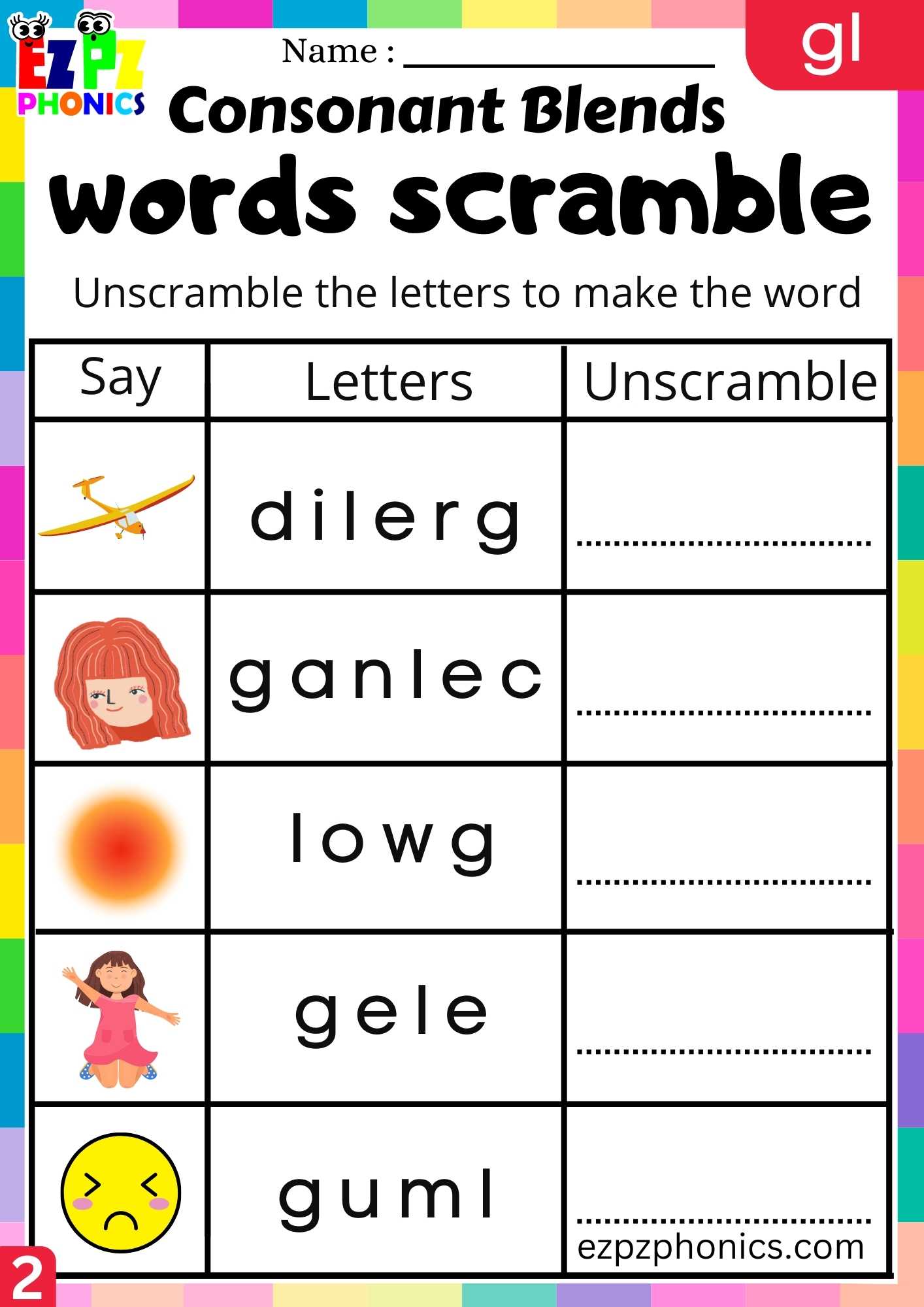 Group2 GL Words Words Scramble Phonics Consonant Blends Worksheet ...