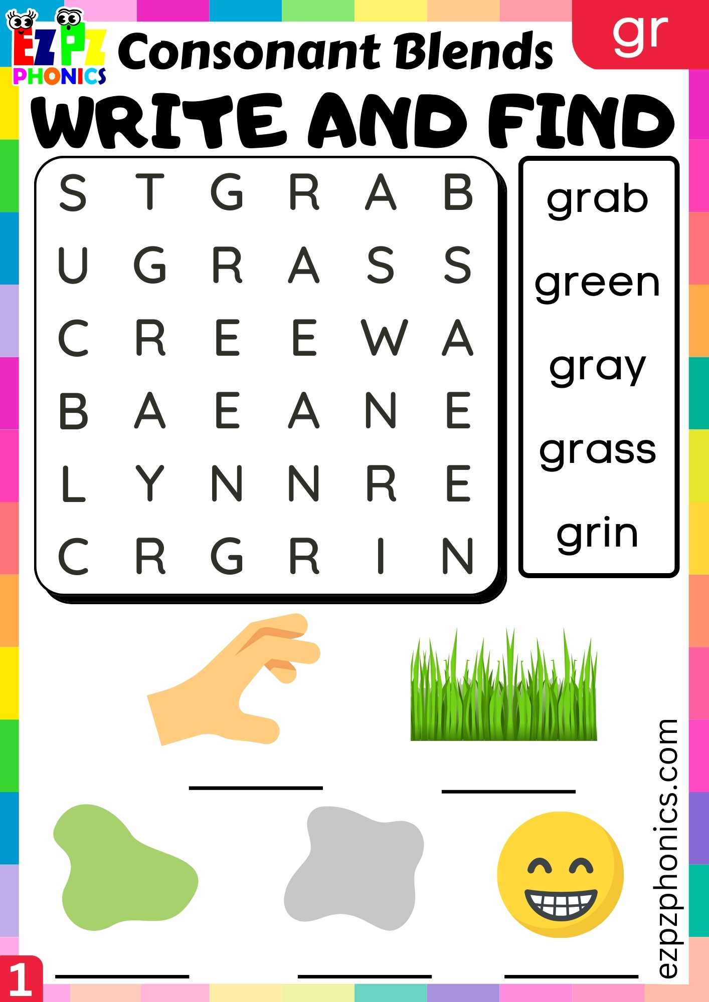 Group1 GR Words Write And Find Phonics Consonant Blends Worksheet ...