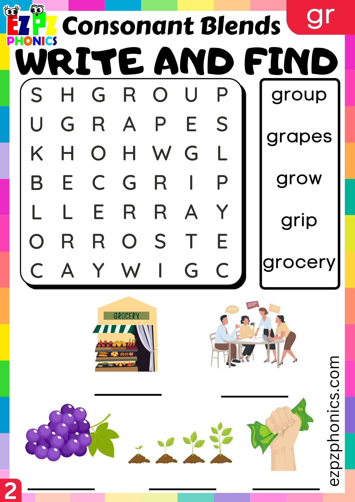 Group2 GR Words Write And Find Phonics Consonant Blends Worksheet ...