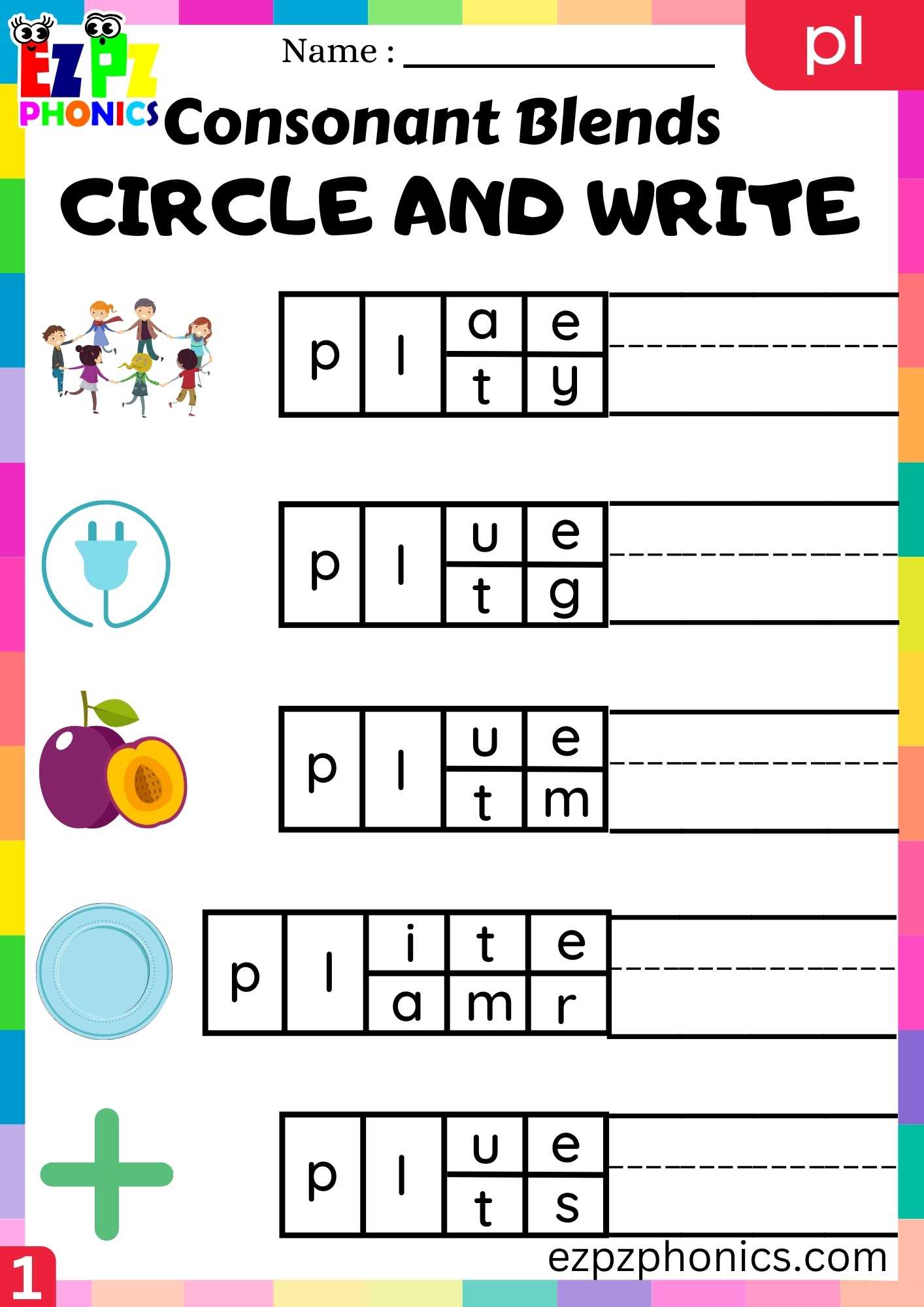 Group1 PL Words Circle And Write Phonics Consonant Blends Worksheet ...