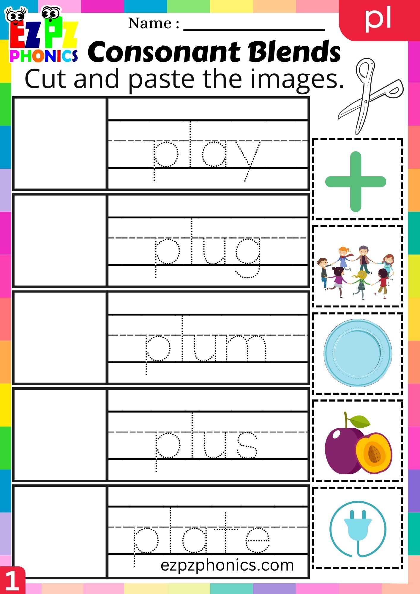 Group1 PL Words Cut And Paste The Images Phonics Consonant Blends ...