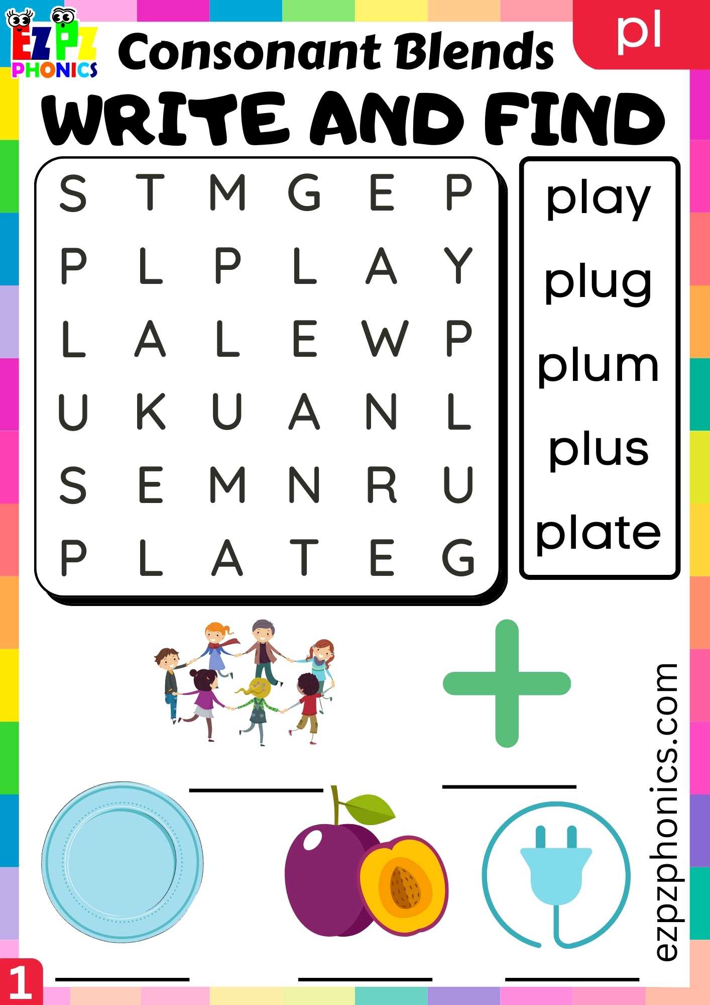 Group1 PL Words Write And Find Phonics Consonant Blends Worksheet ...