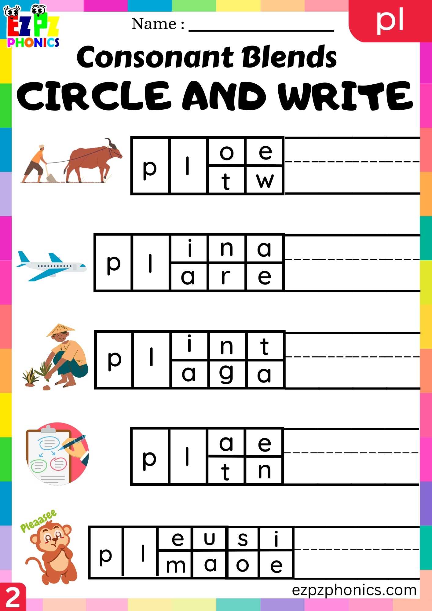 Group2 PL Words Circle And Write Phonics Consonant Blends Worksheet ...