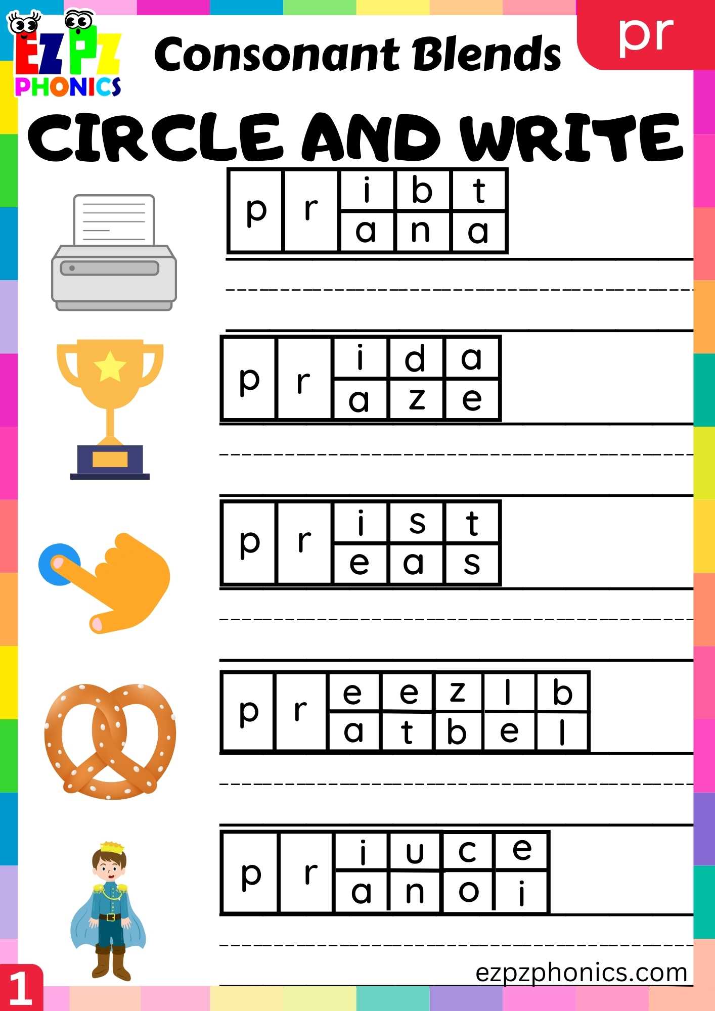 Group1 PR Words Circle And Write Phonics Consonant Blends Worksheet ...