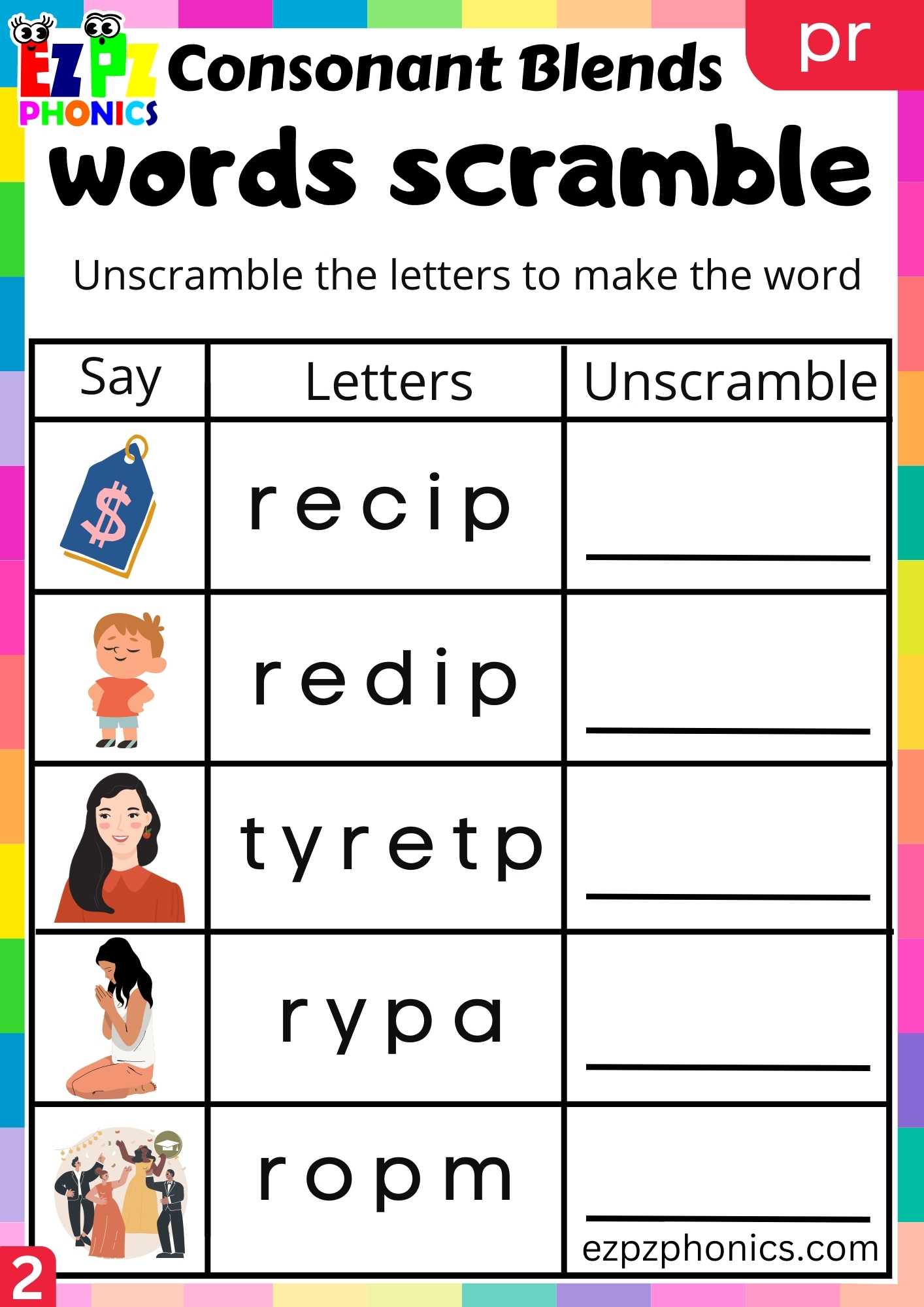 Group2 PR Words Words Scramble Phonics Consonant Blends Worksheet ...