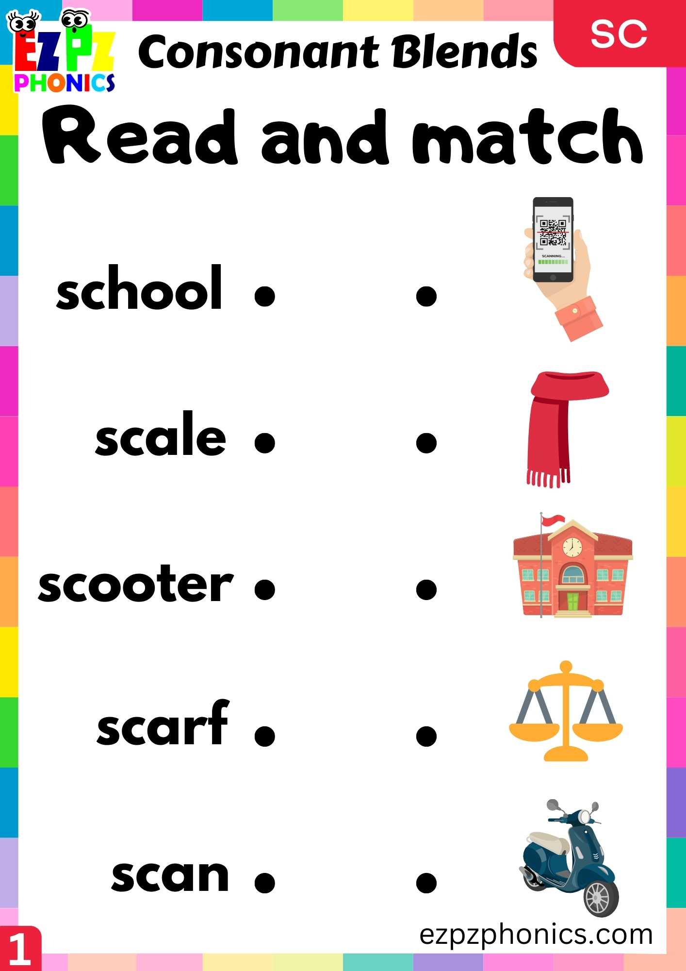 Group1 SC Words Read And Match Phonics Consonant Blends Worksheet ...