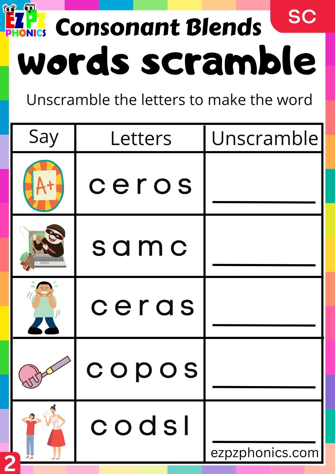 Group2 SC Words Words Scramble Phonics Consonant Blends Worksheet ...
