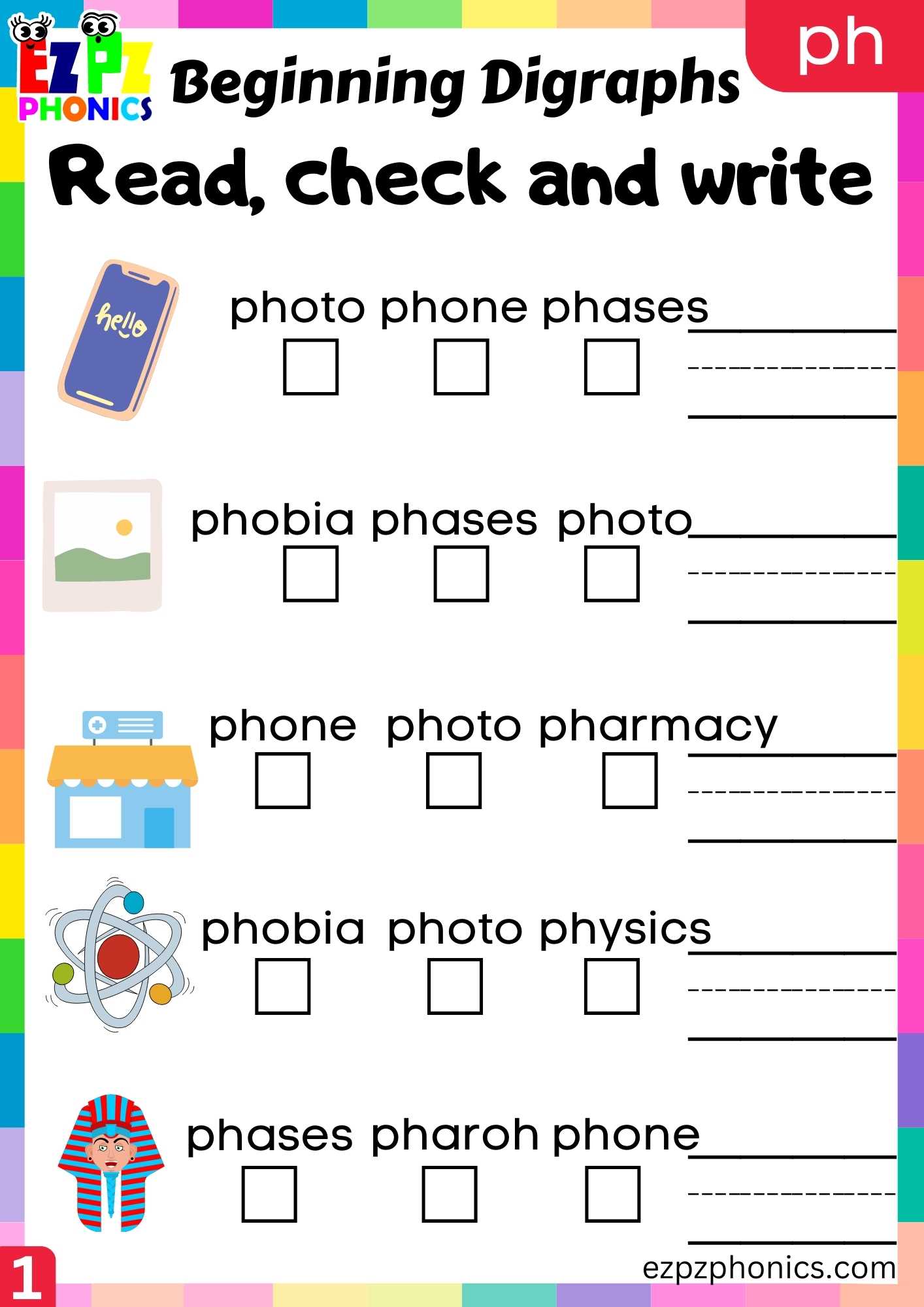 PH Words Read, Check And Write Consonant Digraphs Phonics Beginning ...