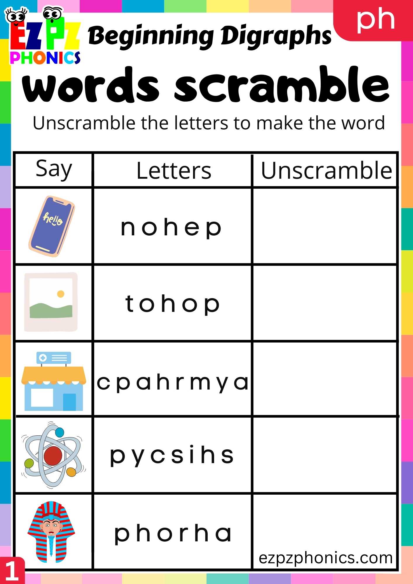 PH Words Words Scramble Consonant Digraphs Phonics Beginning Worksheet ...