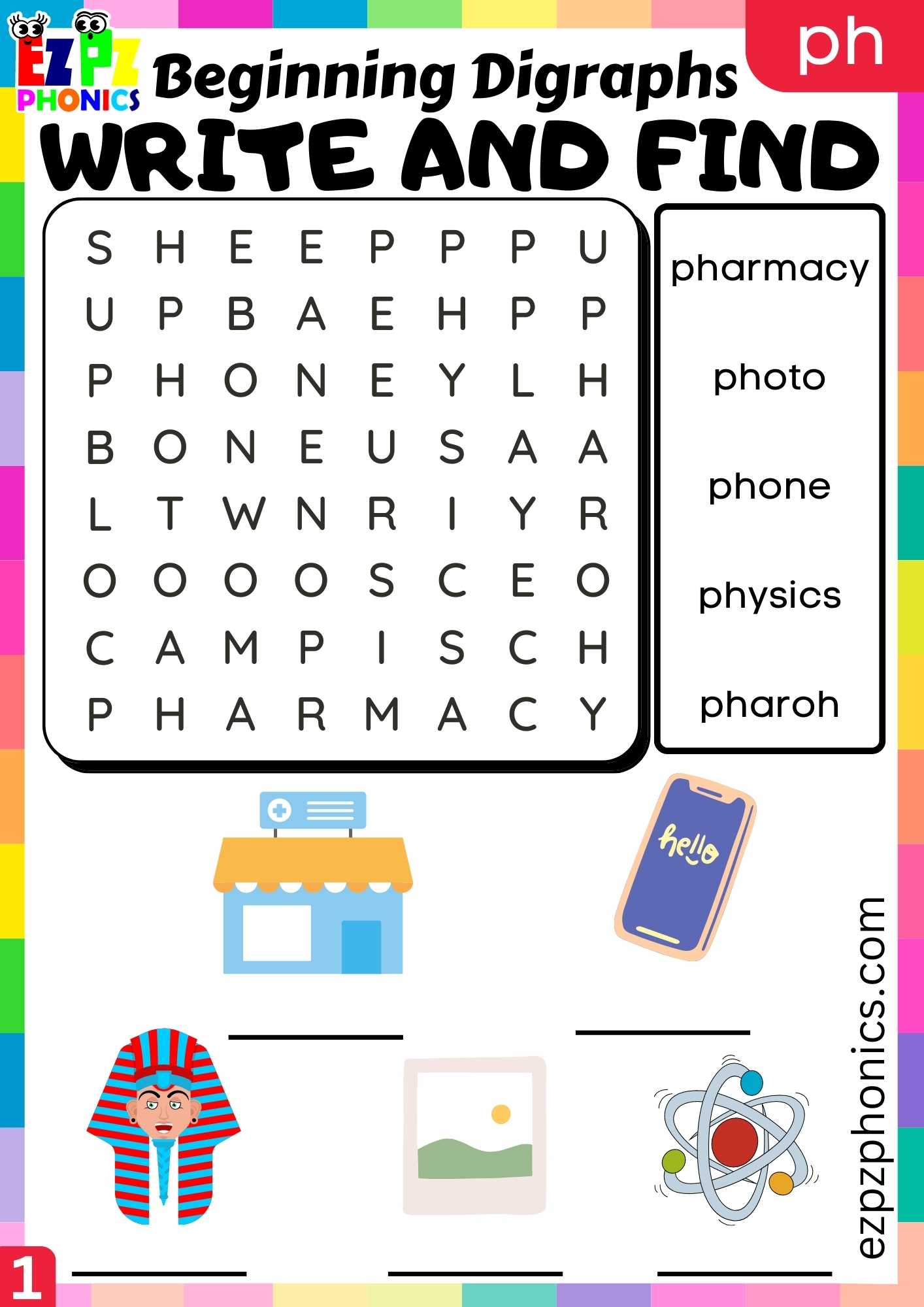 PH Words Write And Find Consonant Digraphs Phonics Beginning Worksheet ...