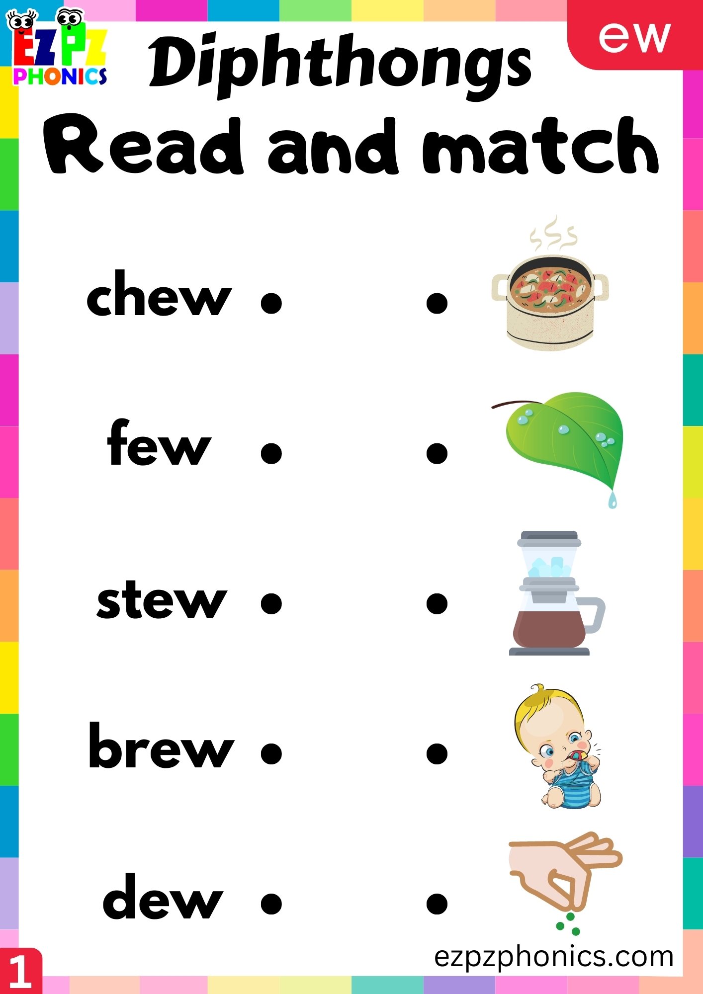 ew Diphthong Read and Match the Image Worksheet PDF Download ...