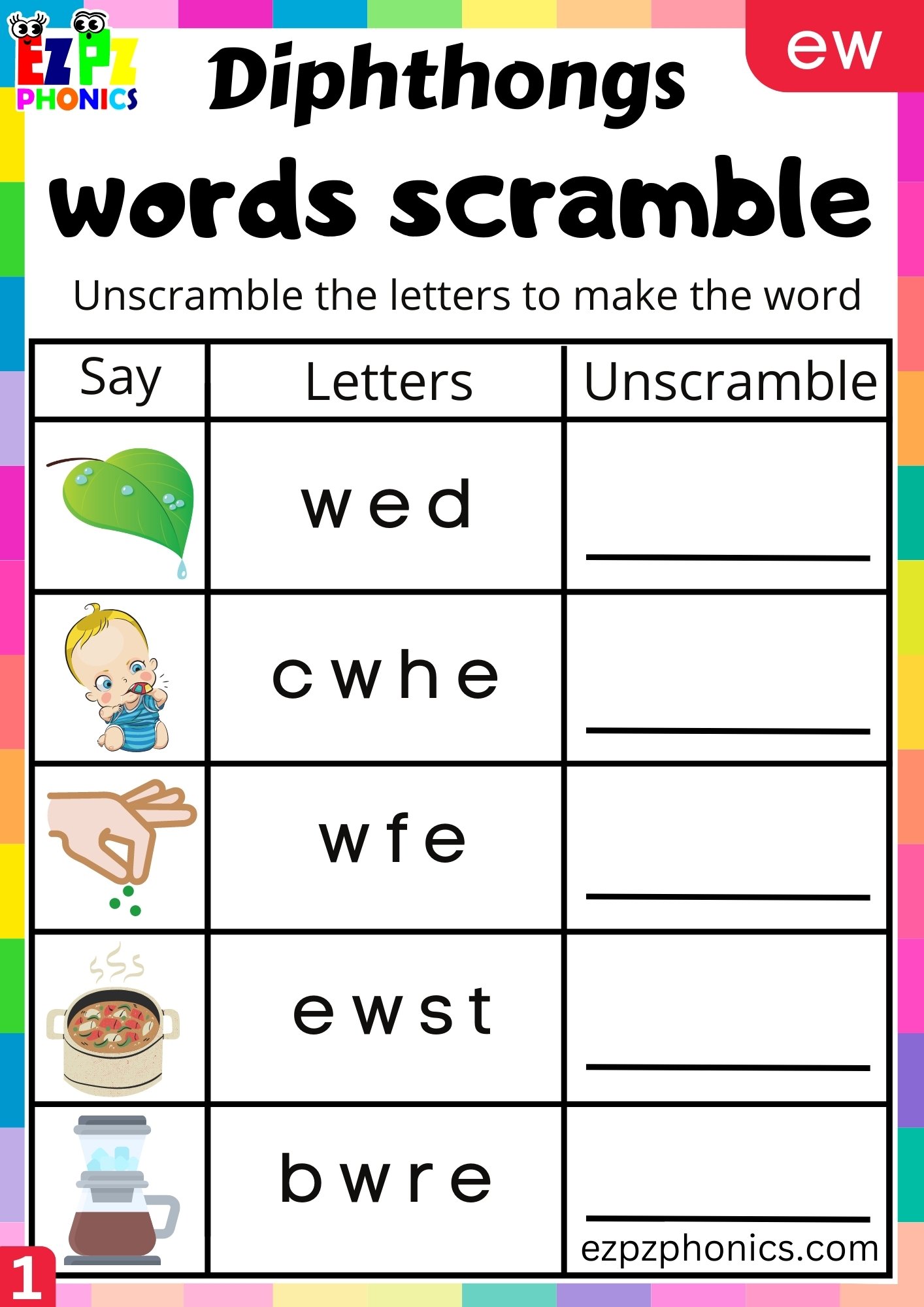 ew Diphthong Word Scramble Worksheet PDF Download - ezpzphonics.com
