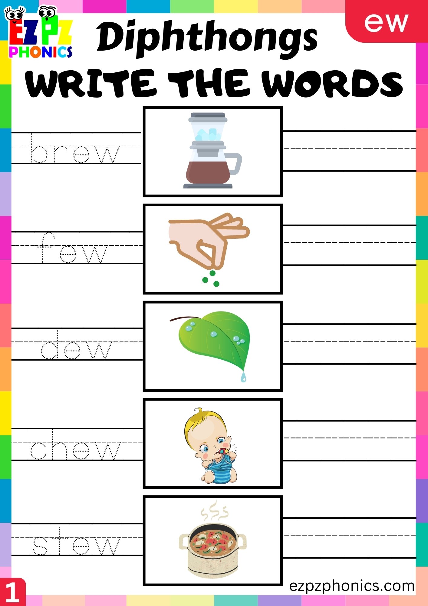 ew Diphthong Write the Words Worksheet PDF Download - ezpzphonics.com