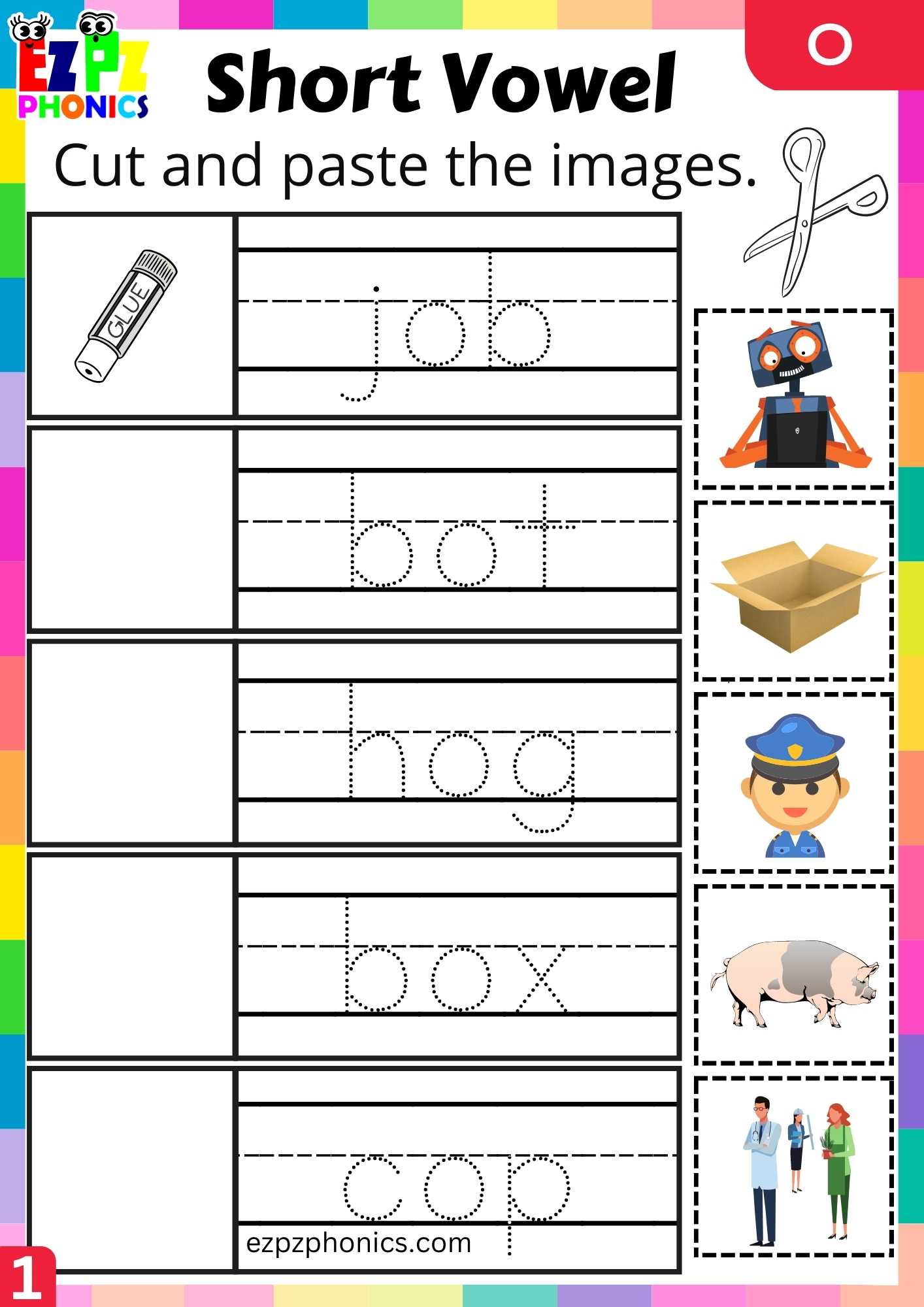 Group1 O Words Cut And Paste The Images Short Vowel CVC Words Worksheet ...