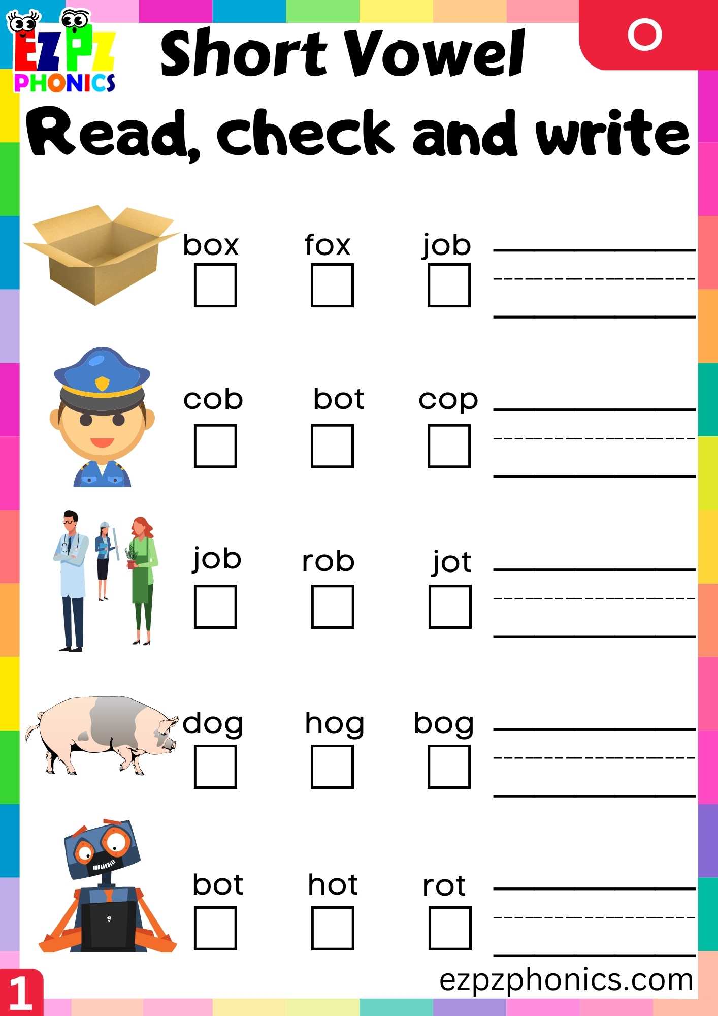 Group1 O Words Read, Check And Write Short Vowel CVC Words Worksheet ...
