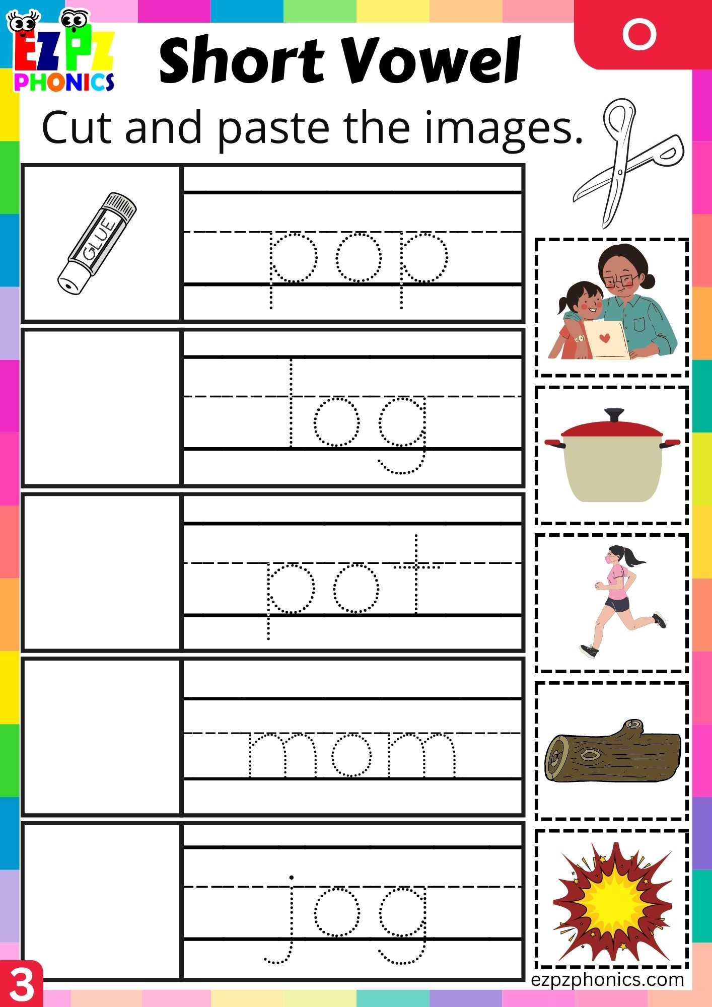 Group3 O Words Cut And Paste The Images Short Vowel CVC Words Worksheet ...