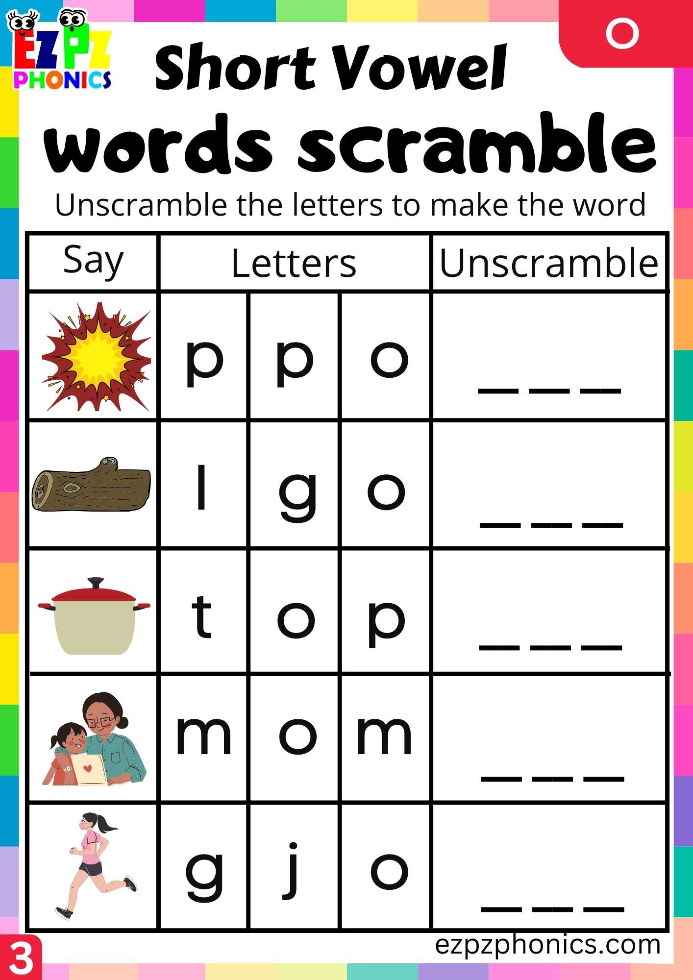 Group3 O Words Words Scramble Short Vowel CVC Words Worksheet ...