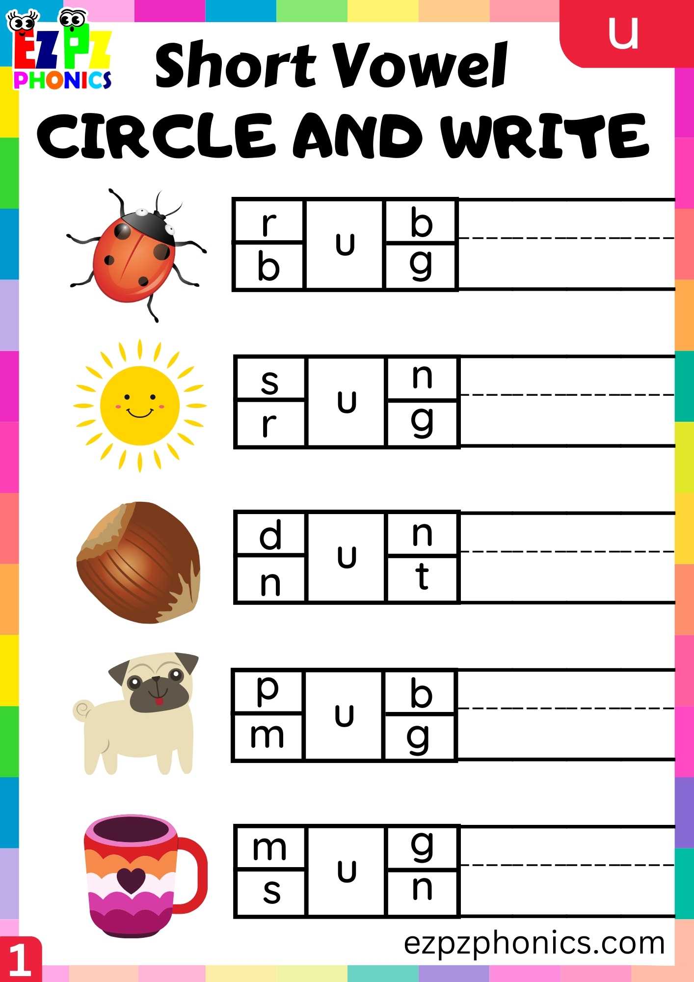 Group1 U Words Circle And Write Short Vowel CVC Words Worksheet ...
