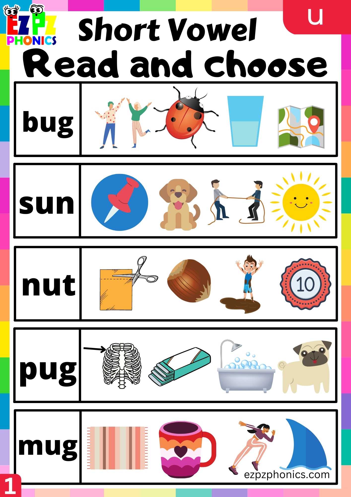 Group1 U Words Read And Choose Short Vowel CVC Words Worksheet ...