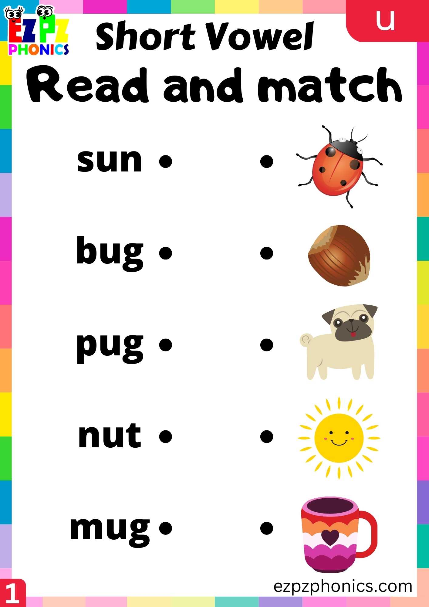 Group1 U Words Read And Match Short Vowel CVC Words Worksheet ...