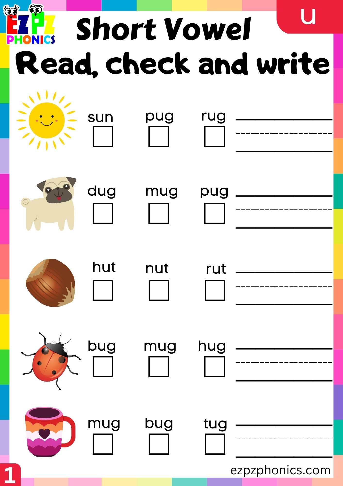 Group1 U Words Read, Check And Write Short Vowel CVC Words Worksheet ...