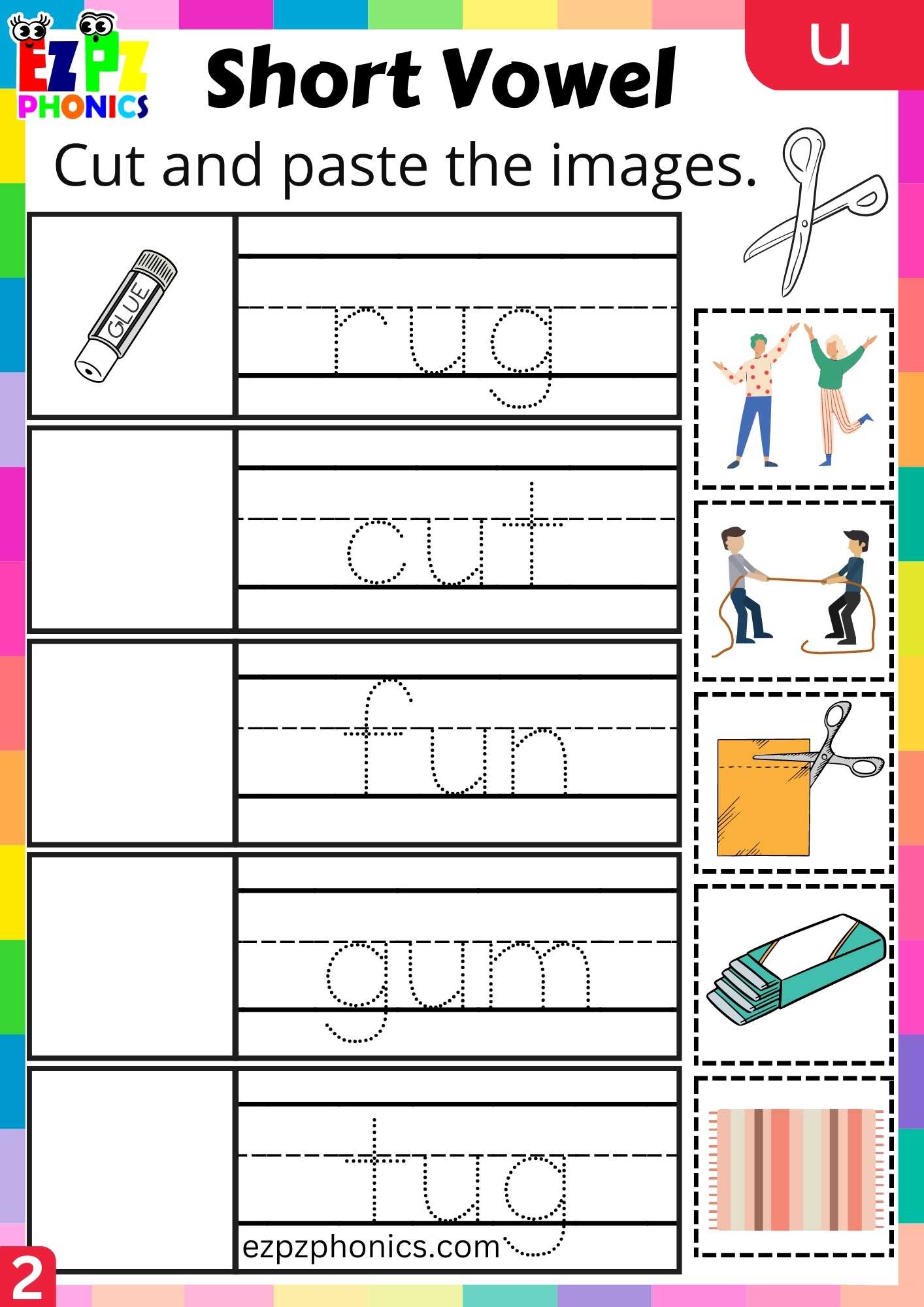 Group2 U Words Cut And Paste The Images Short Vowel CVC Words Worksheet ...