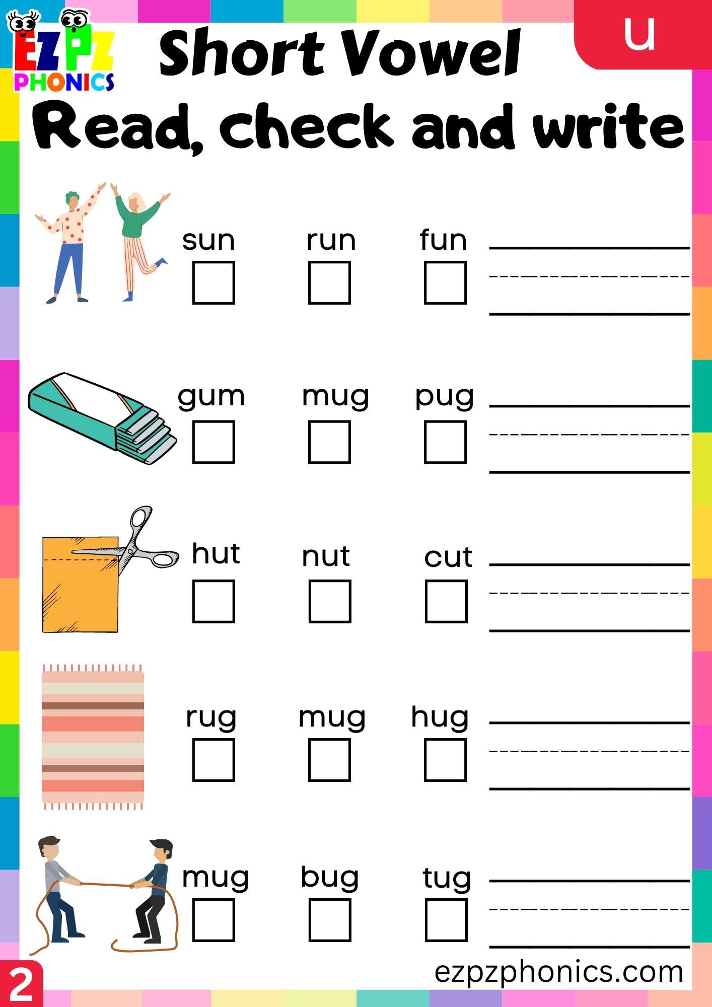 Group2 U Words Read, Check And Write Short Vowel CVC Words Worksheet ...