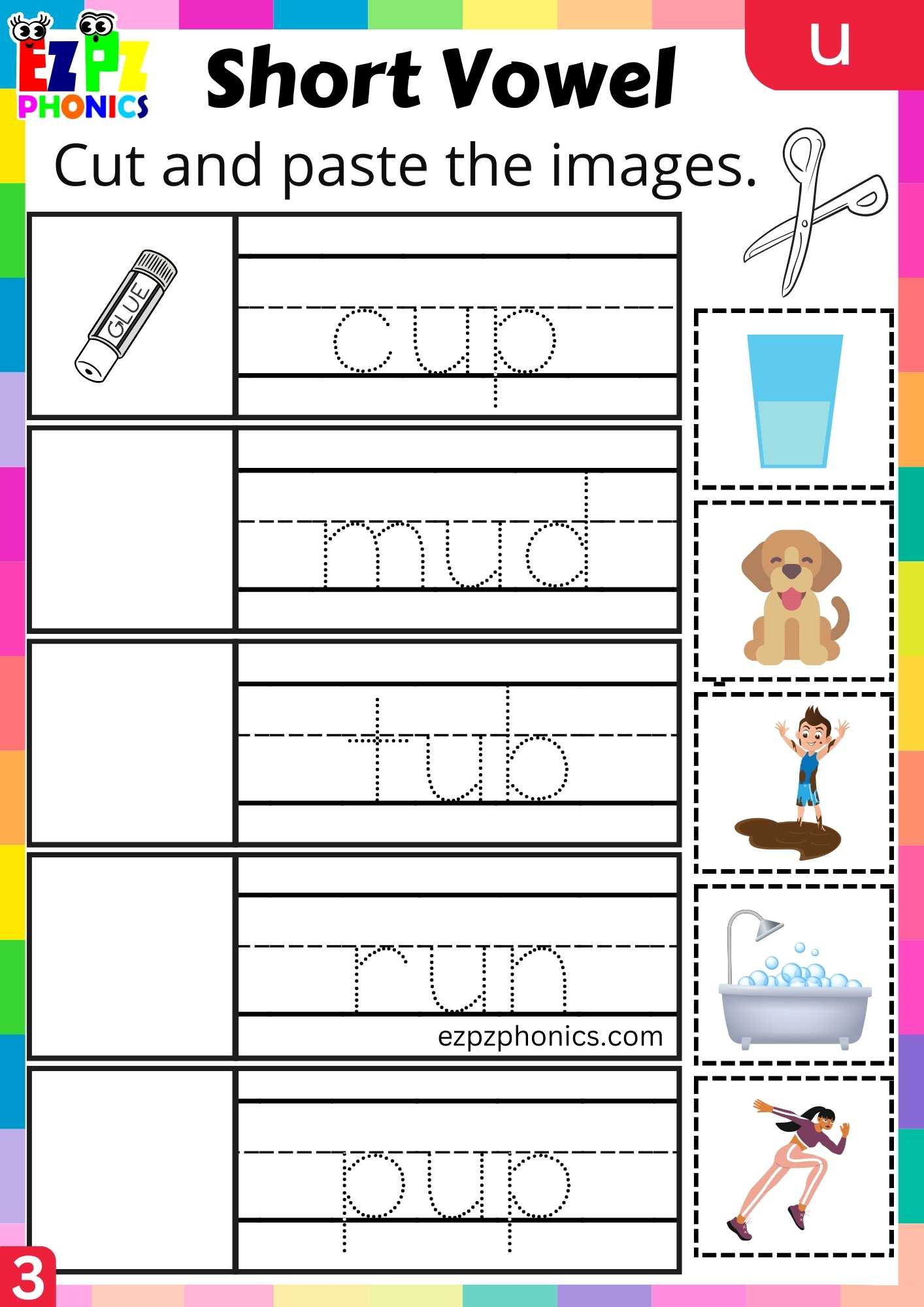 Group3 U Words Cut And Paste The Images Short Vowel CVC Words Worksheet ...
