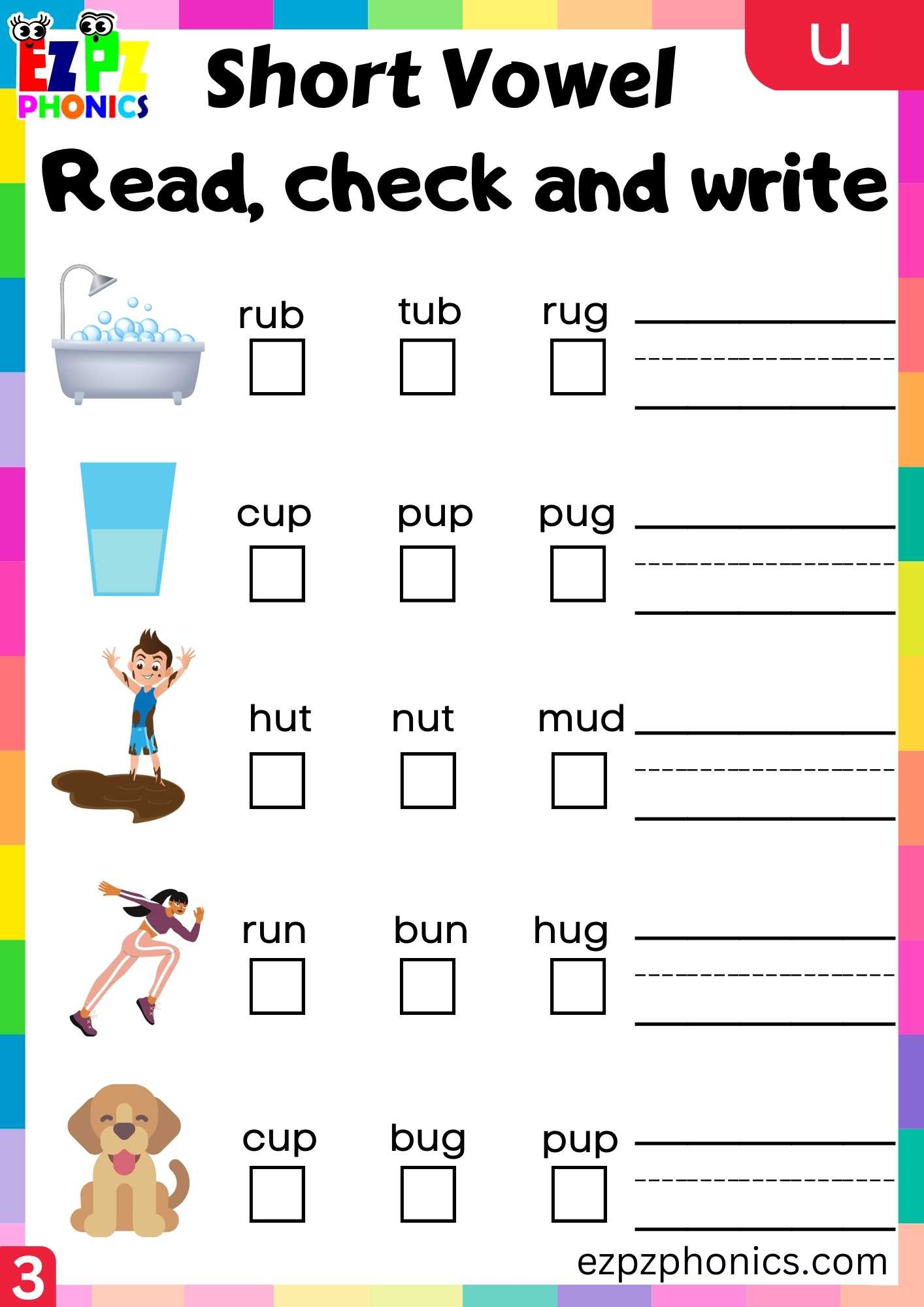 Group3 U Words Read, Check And Write Short Vowel CVC Words Worksheet ...