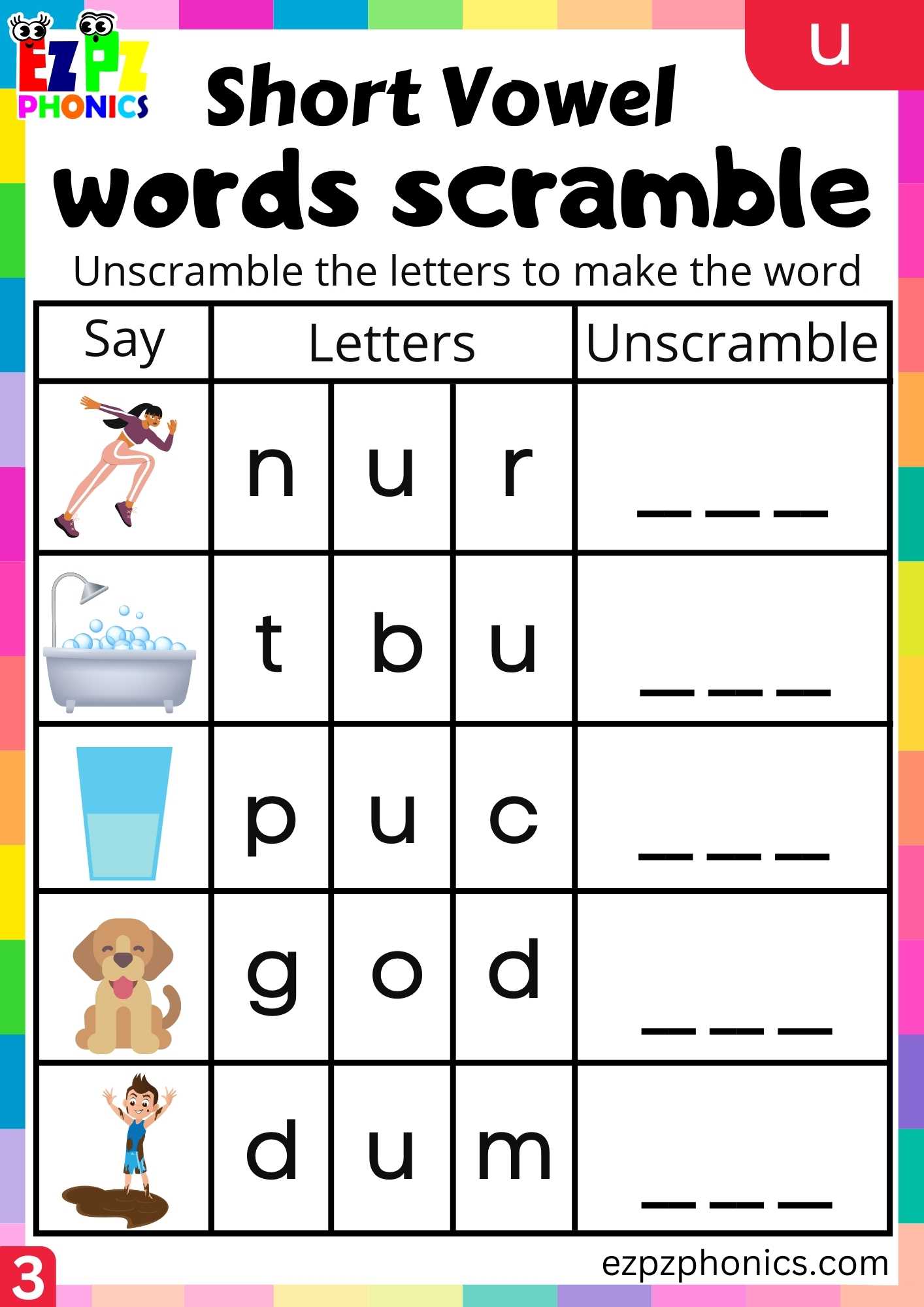 Group3 U Words Words Scramble Short Vowel CVC Words Worksheet ...