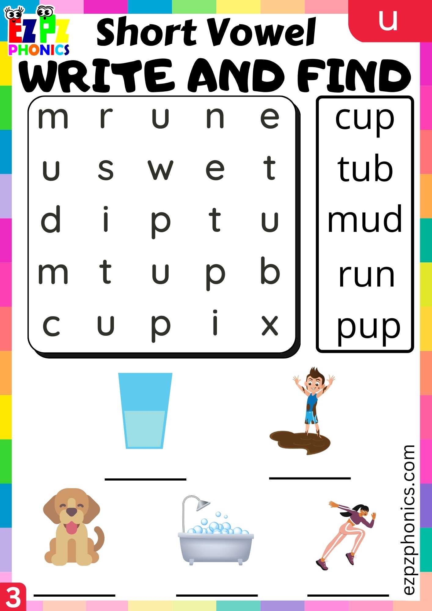 Group3 U Words Write And Find Short Vowel CVC Words Worksheet ...