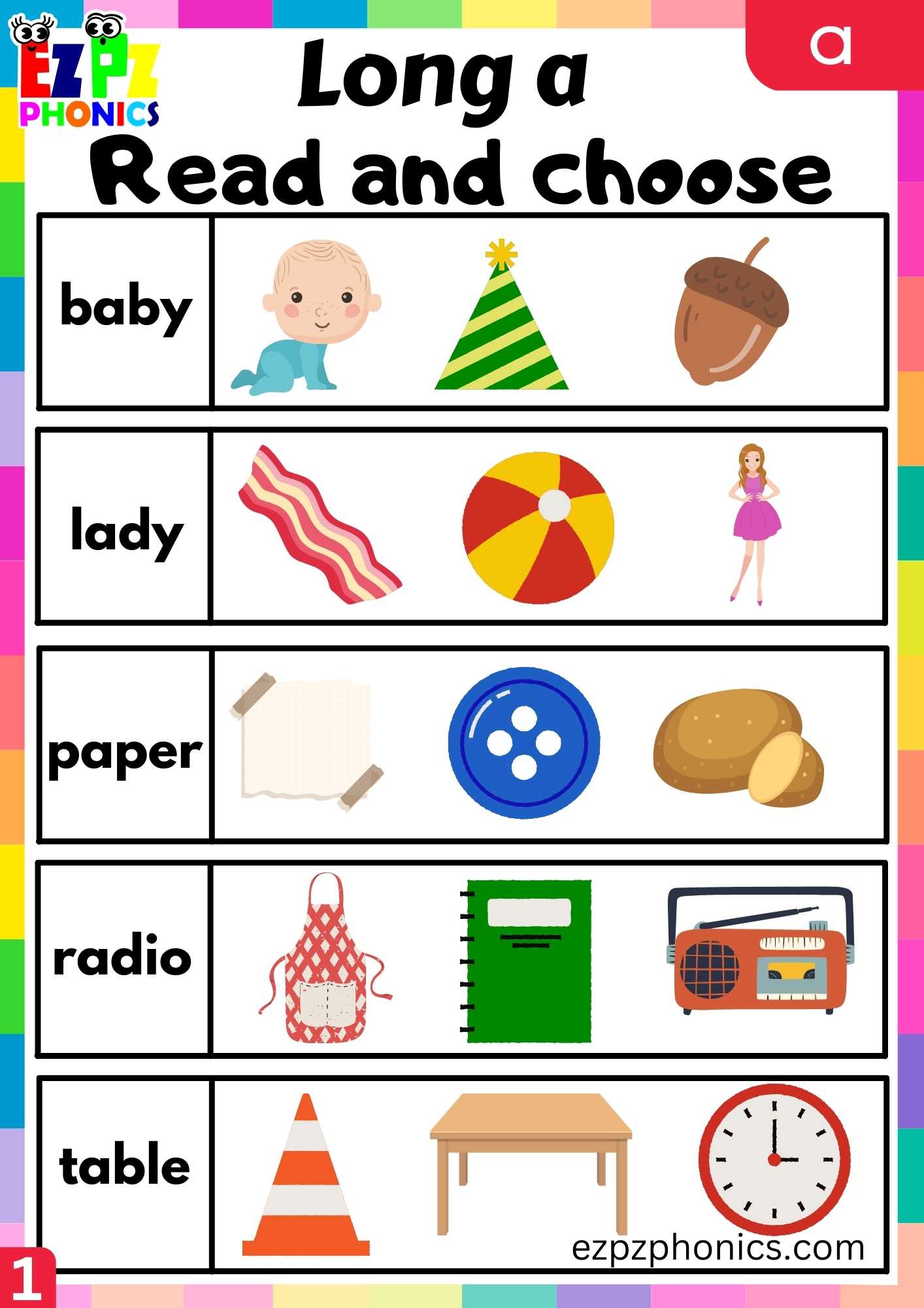 Group1 A Words Read And Choose Long A Phonics Worksheet - ezpzphonics.com