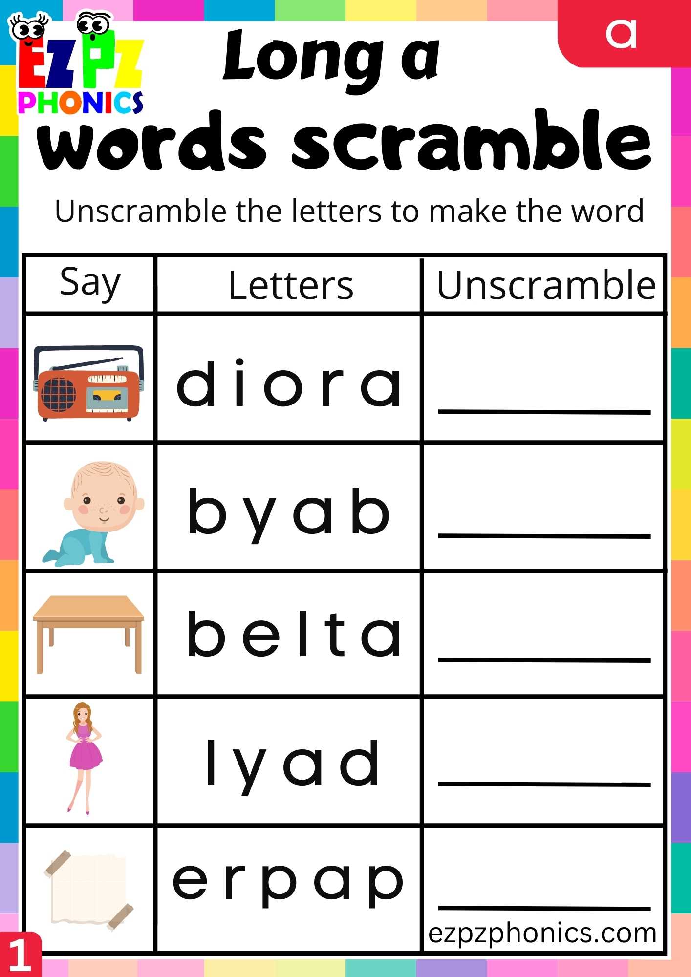 Group1 A Words Words Scramble Long A Phonics Worksheet - ezpzphonics.com