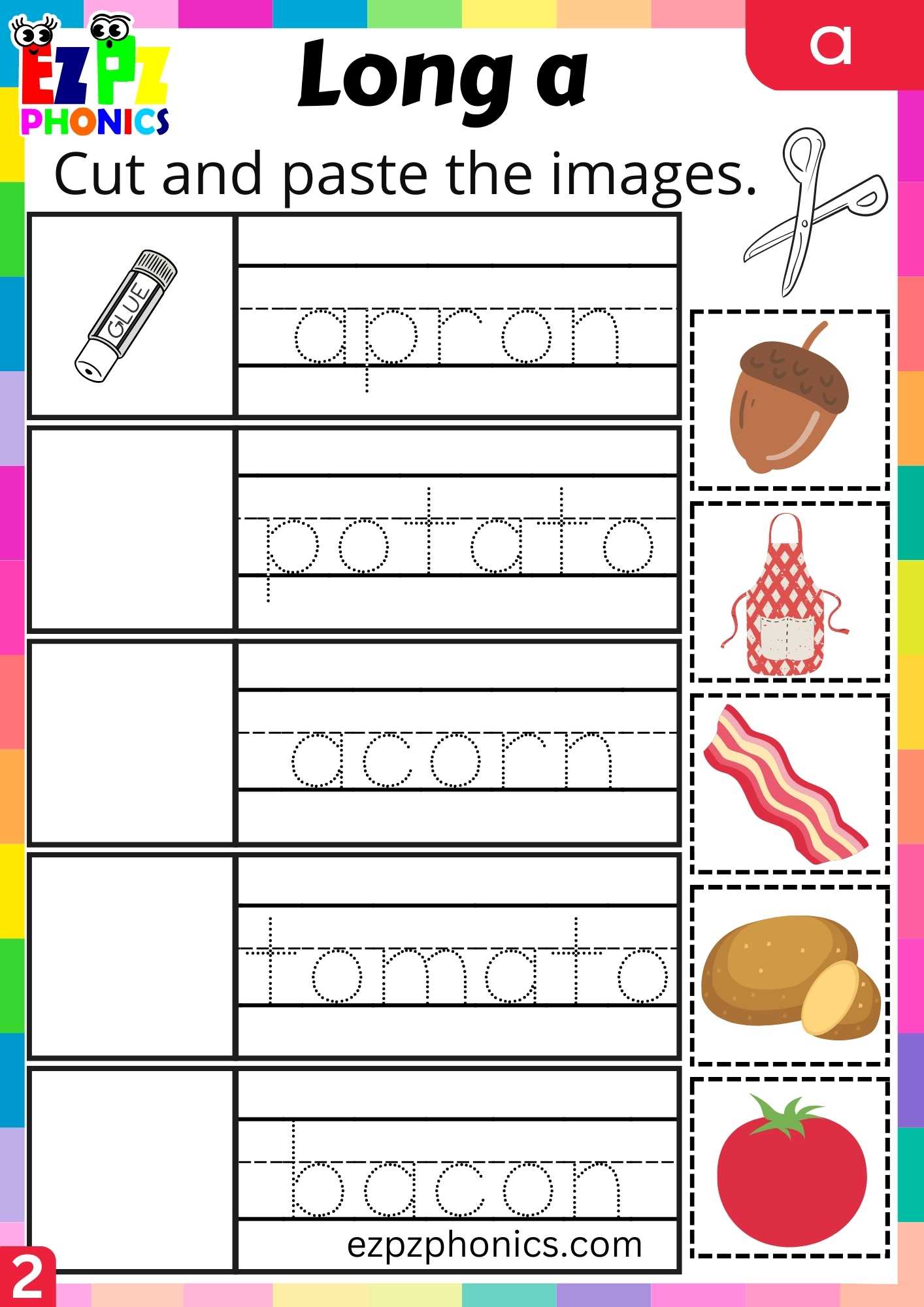 Group2 A Words Cut And Paste The Images Long A Phonics Worksheet ...