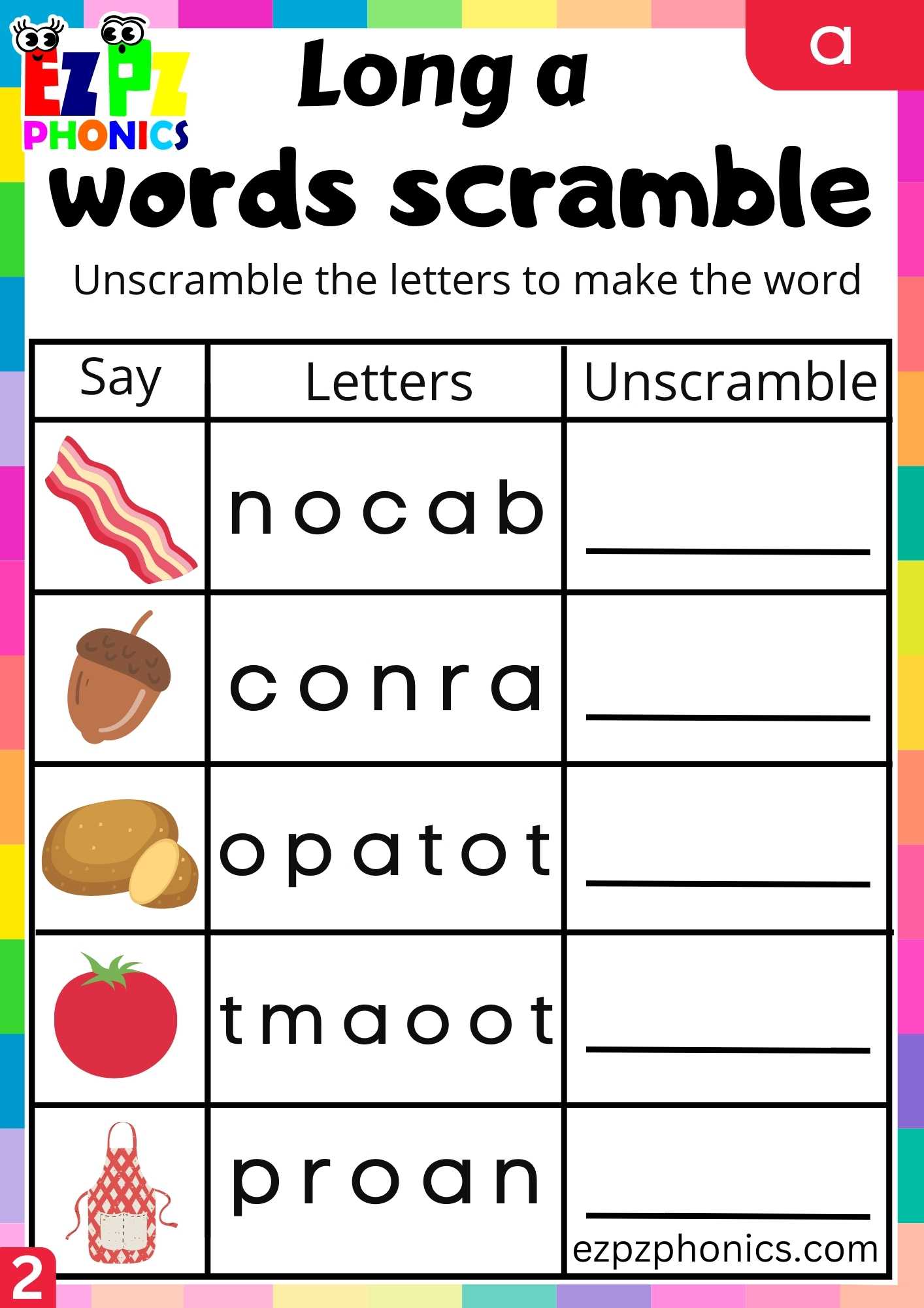 Group2 A Words Words Scramble Long A Phonics Worksheet - ezpzphonics.com