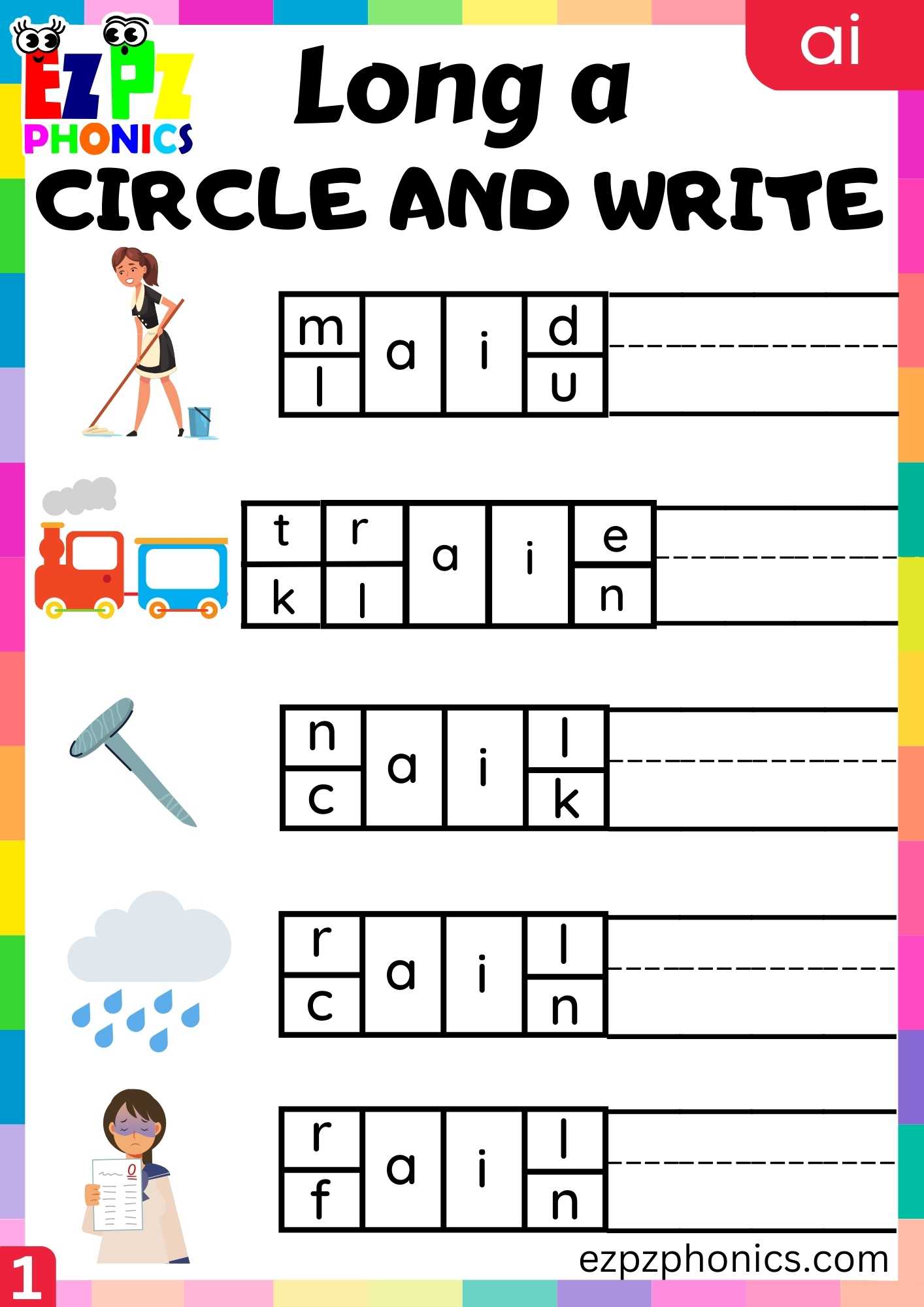 Group1 AI Words Circle And Write Long A Phonics Worksheet - ezpzphonics.com