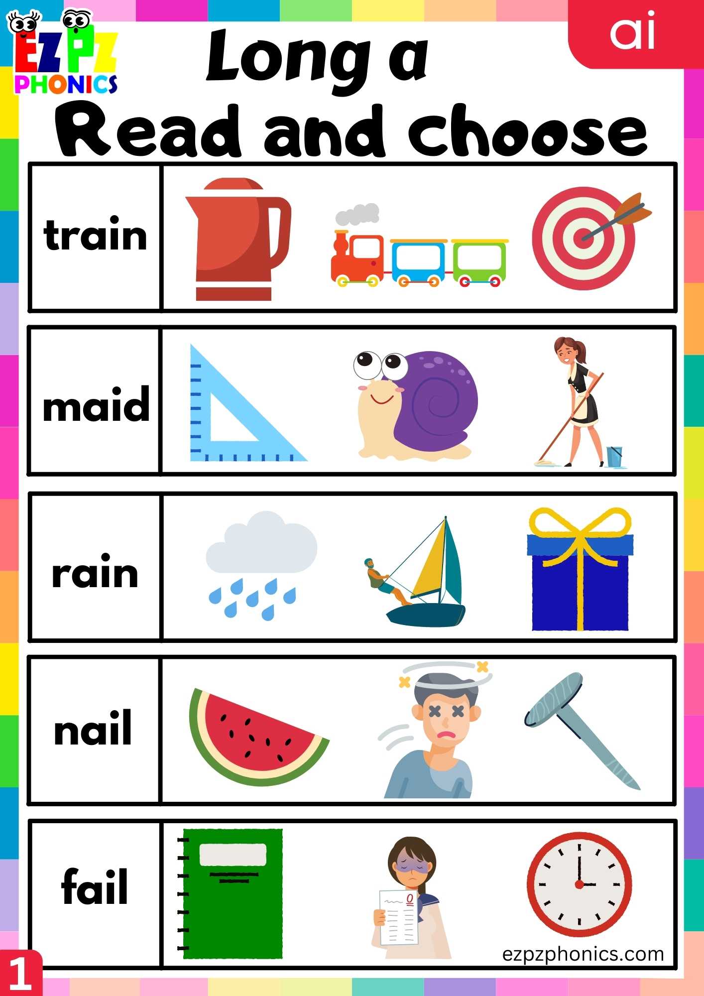 Group1 AI Words Read And Choose Long A Phonics Worksheet - ezpzphonics.com
