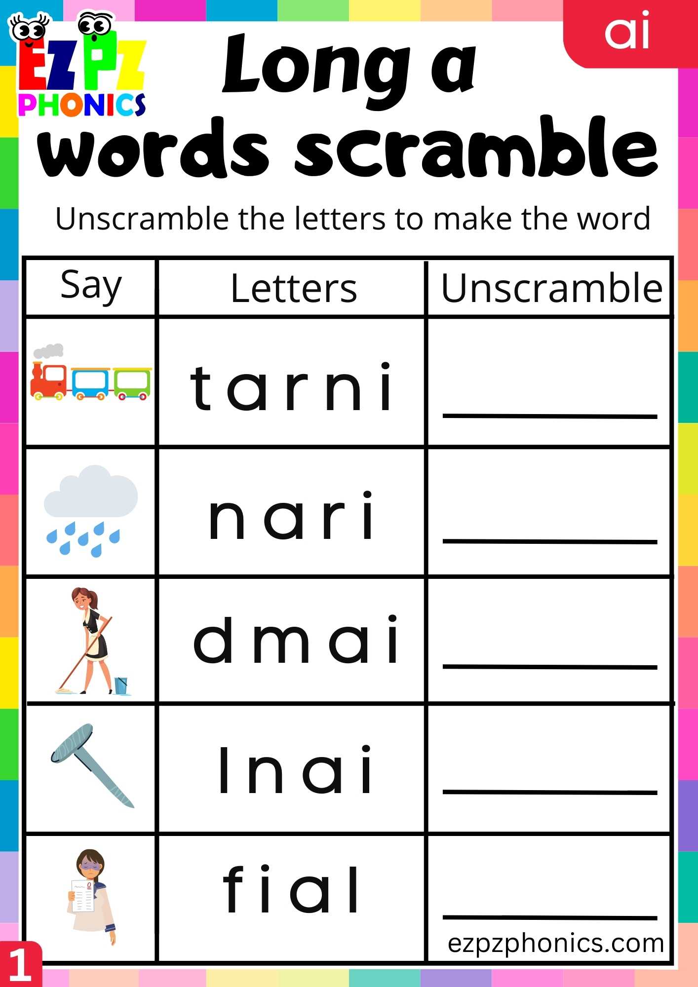Group1 AI Words Words Scramble Long A Phonics Worksheet - ezpzphonics.com
