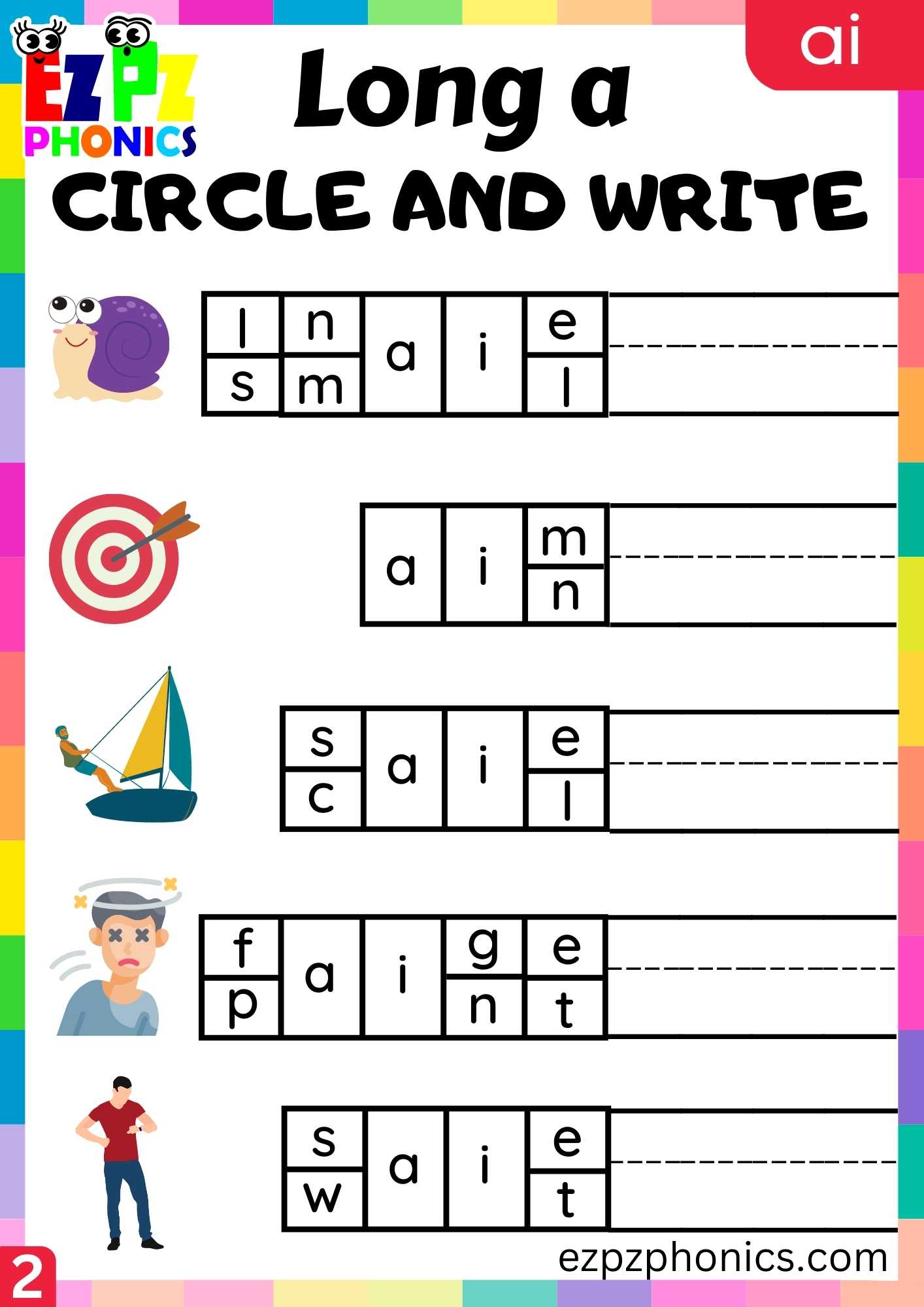 Group2 AI Words Circle And Write Long A Phonics Worksheet - ezpzphonics.com