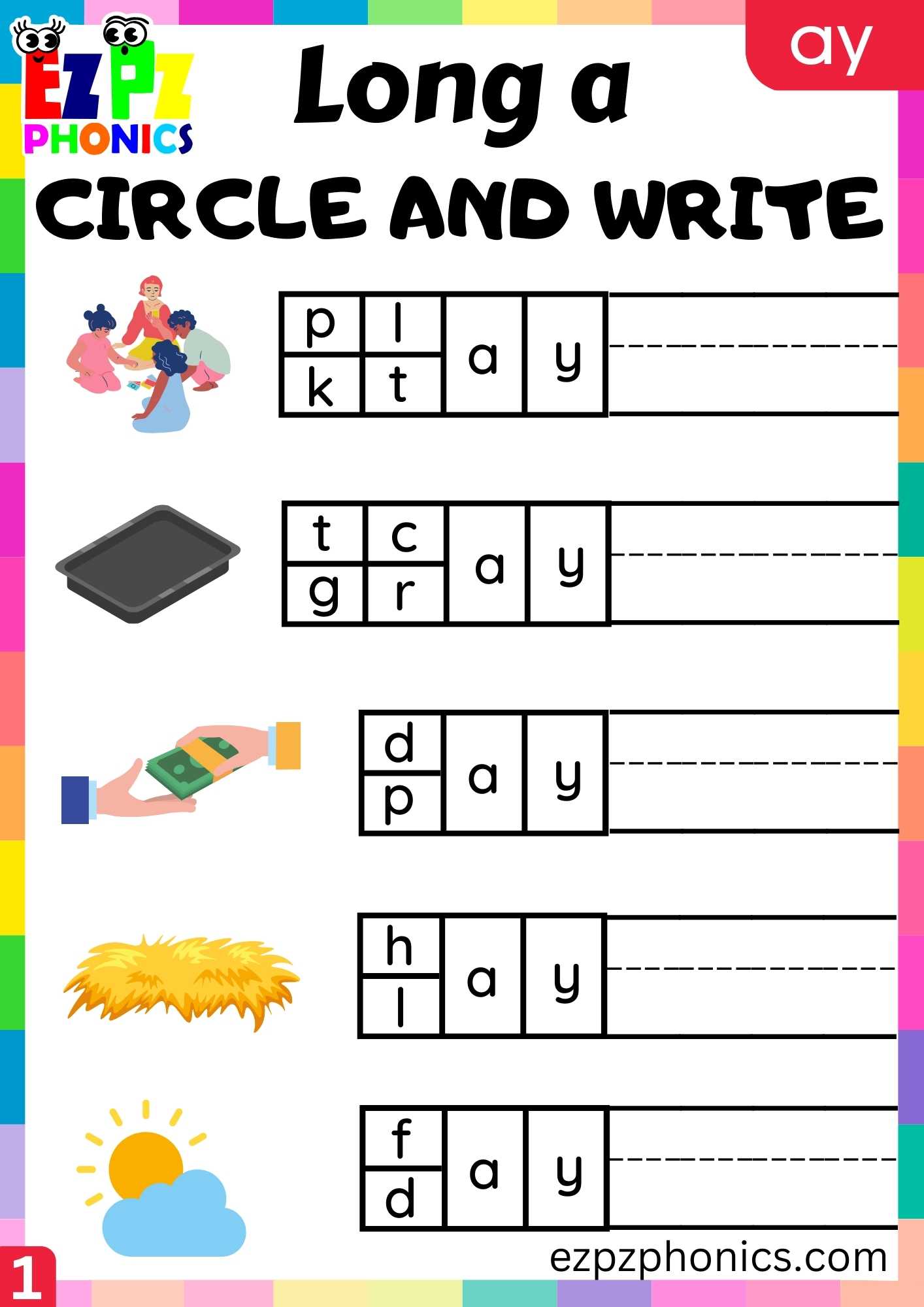 Group1 AY Words Circle And Write Long A Phonics Worksheet - ezpzphonics.com