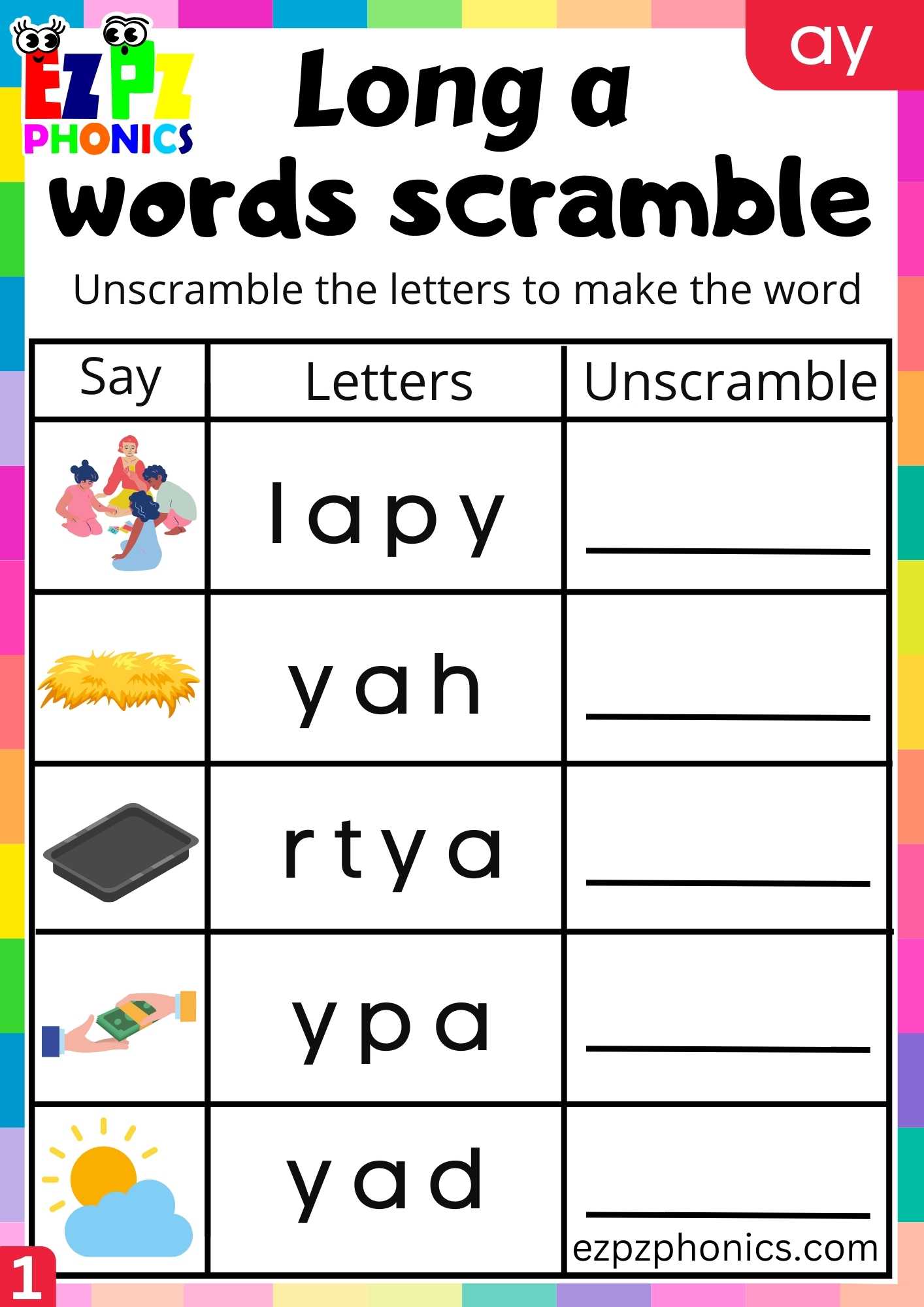 Group1 AY Words Words Scramble Long A Phonics Worksheet - ezpzphonics.com