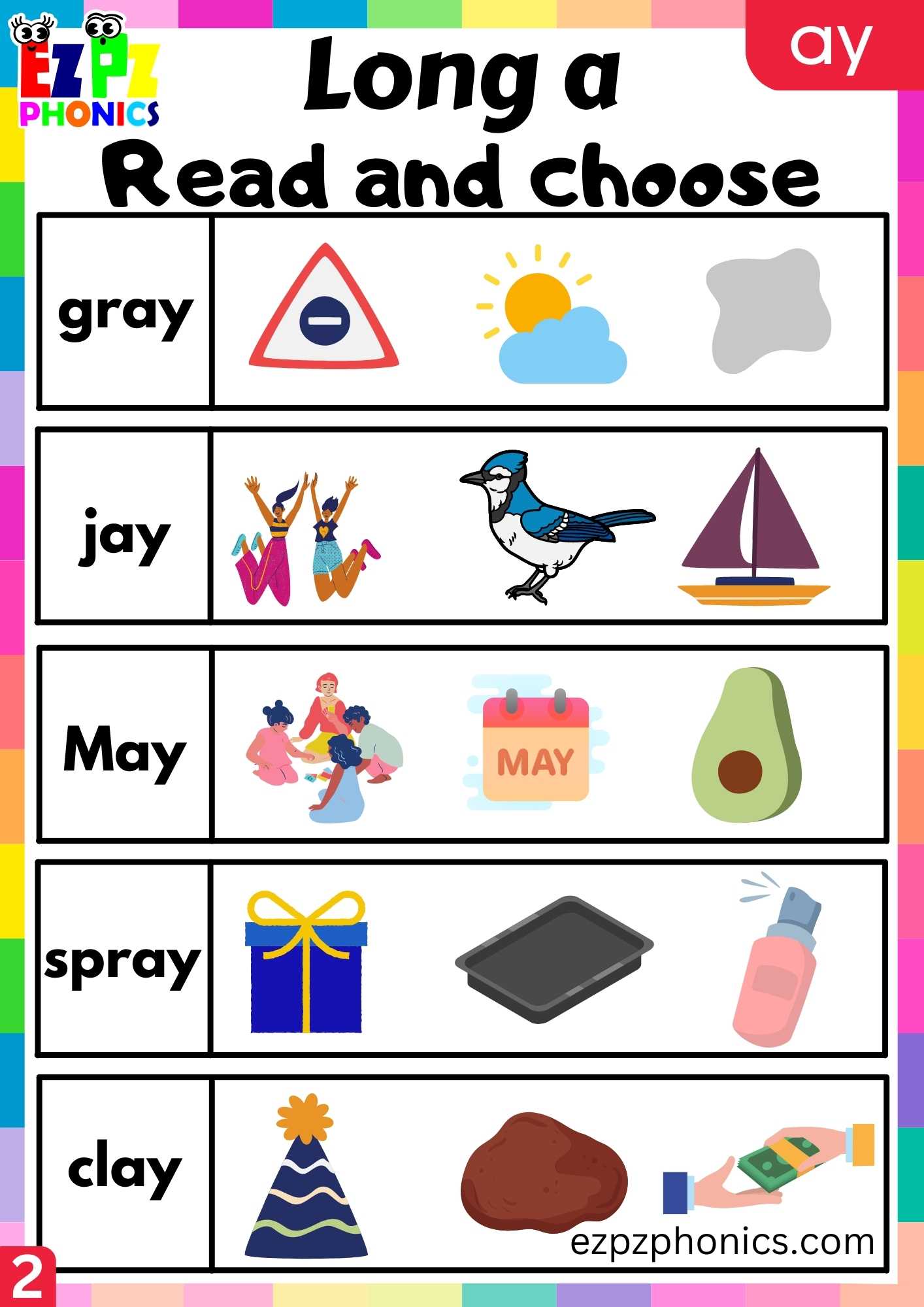 Group2 AY Words Read And Choose Long A Phonics Worksheet - ezpzphonics.com