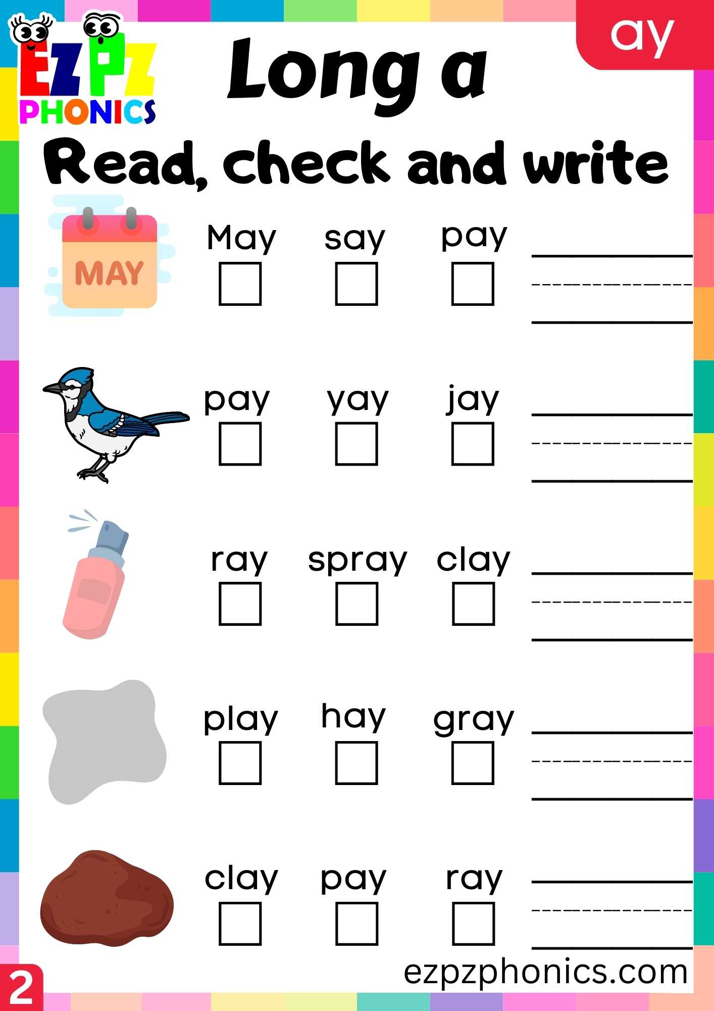 Group2 AY Words Read, Check And Write Long A Phonics Worksheet ...