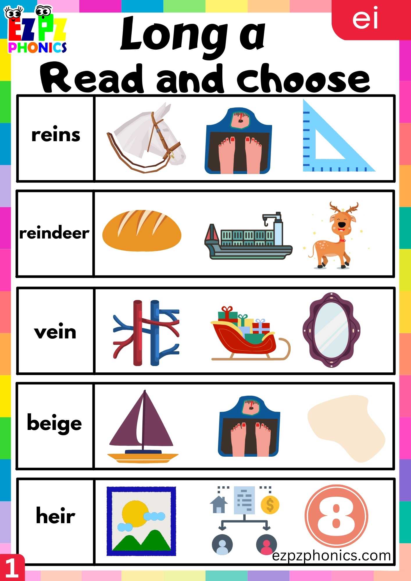 EI Words Read And Choose Long A Phonics Worksheet - ezpzphonics.com